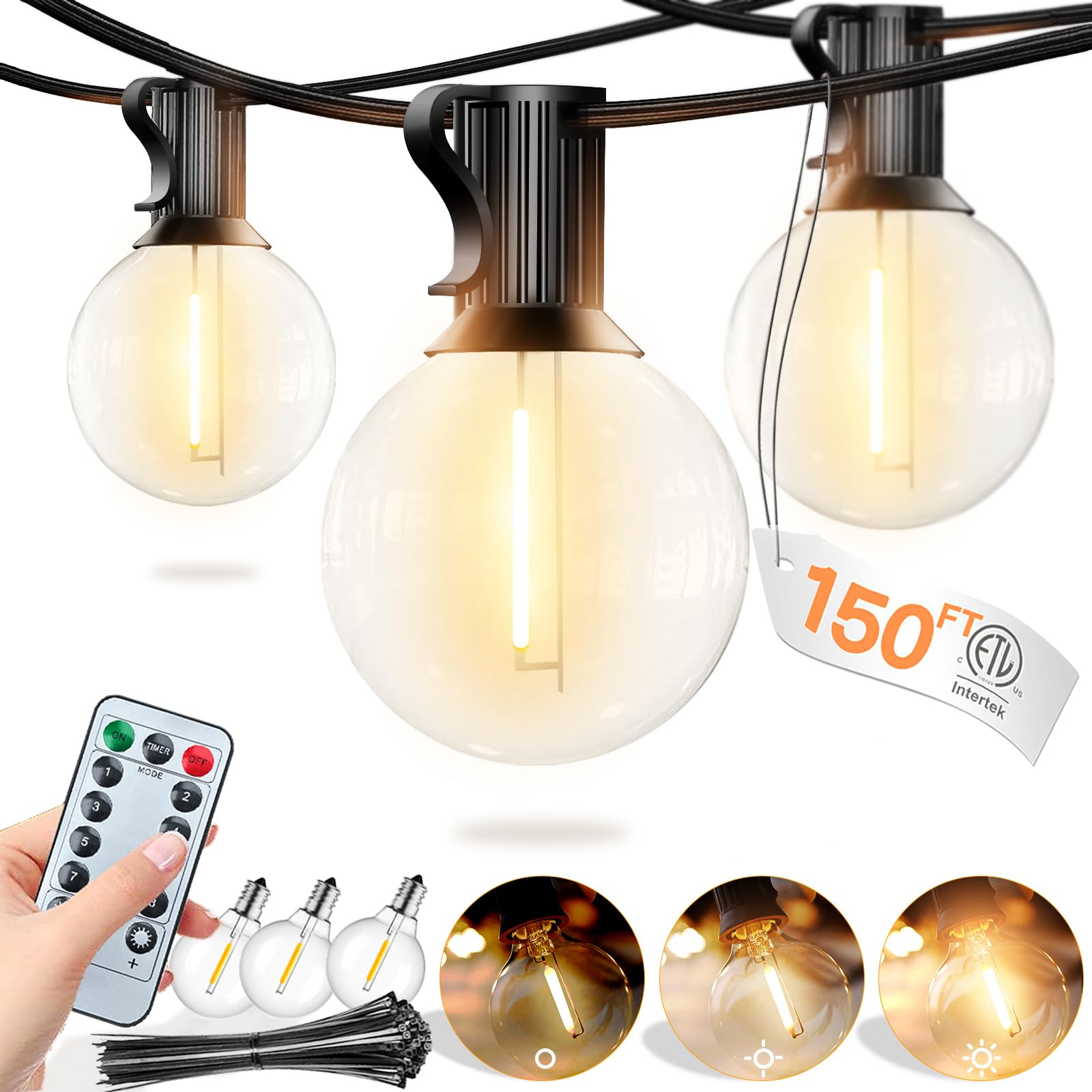 150FT Outdoor String Lights with Remote Controller - G40 Globe LED ...