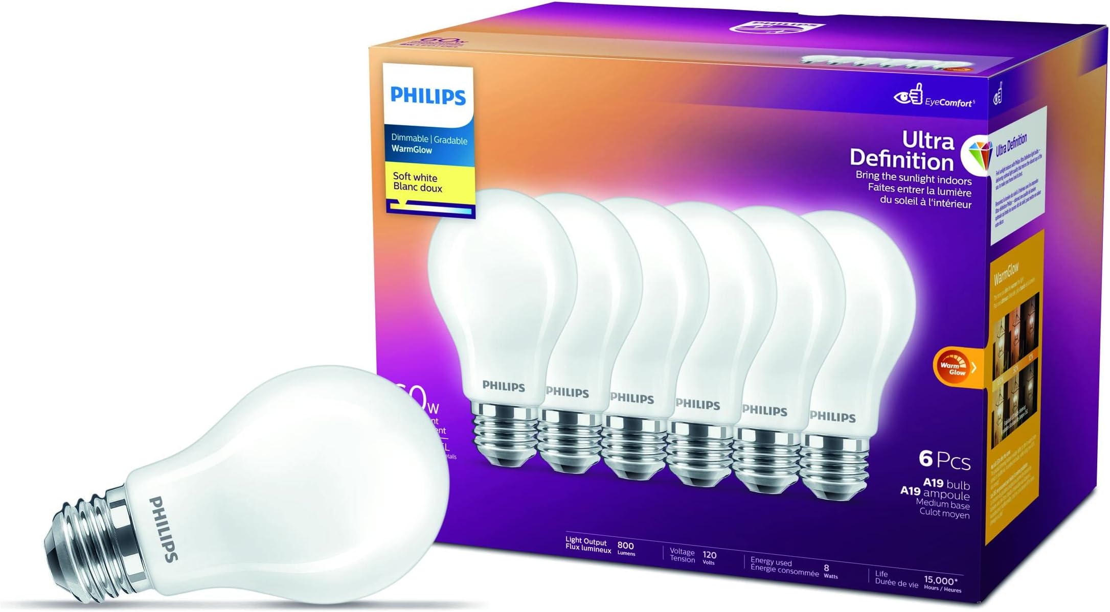 Philips Ultra Definition LED 60W A19 MedBase Soft White Warm Glow Glass ...