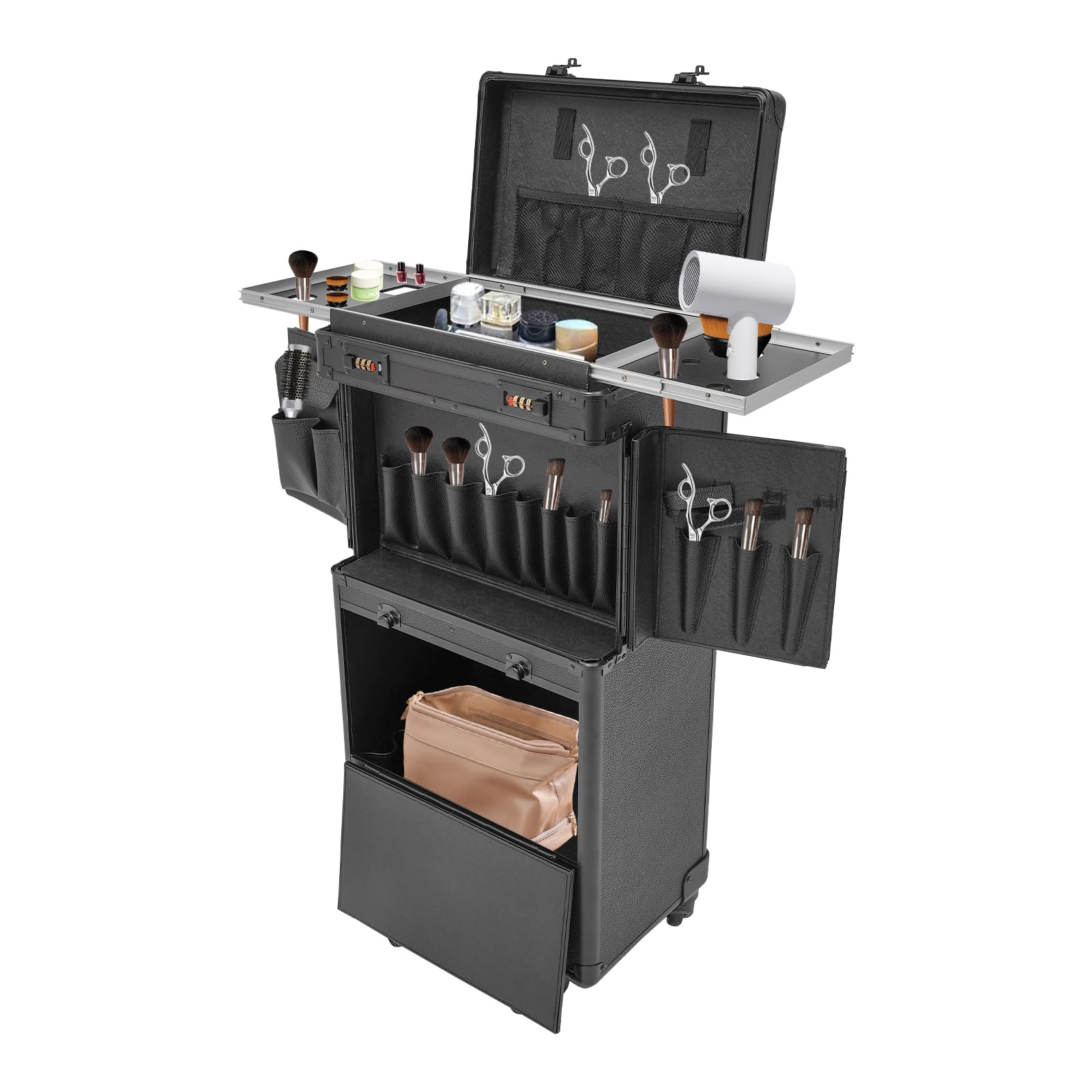 Portable Hair Salon Stylist Toolbox with Wheel and Password Lock, Black ...