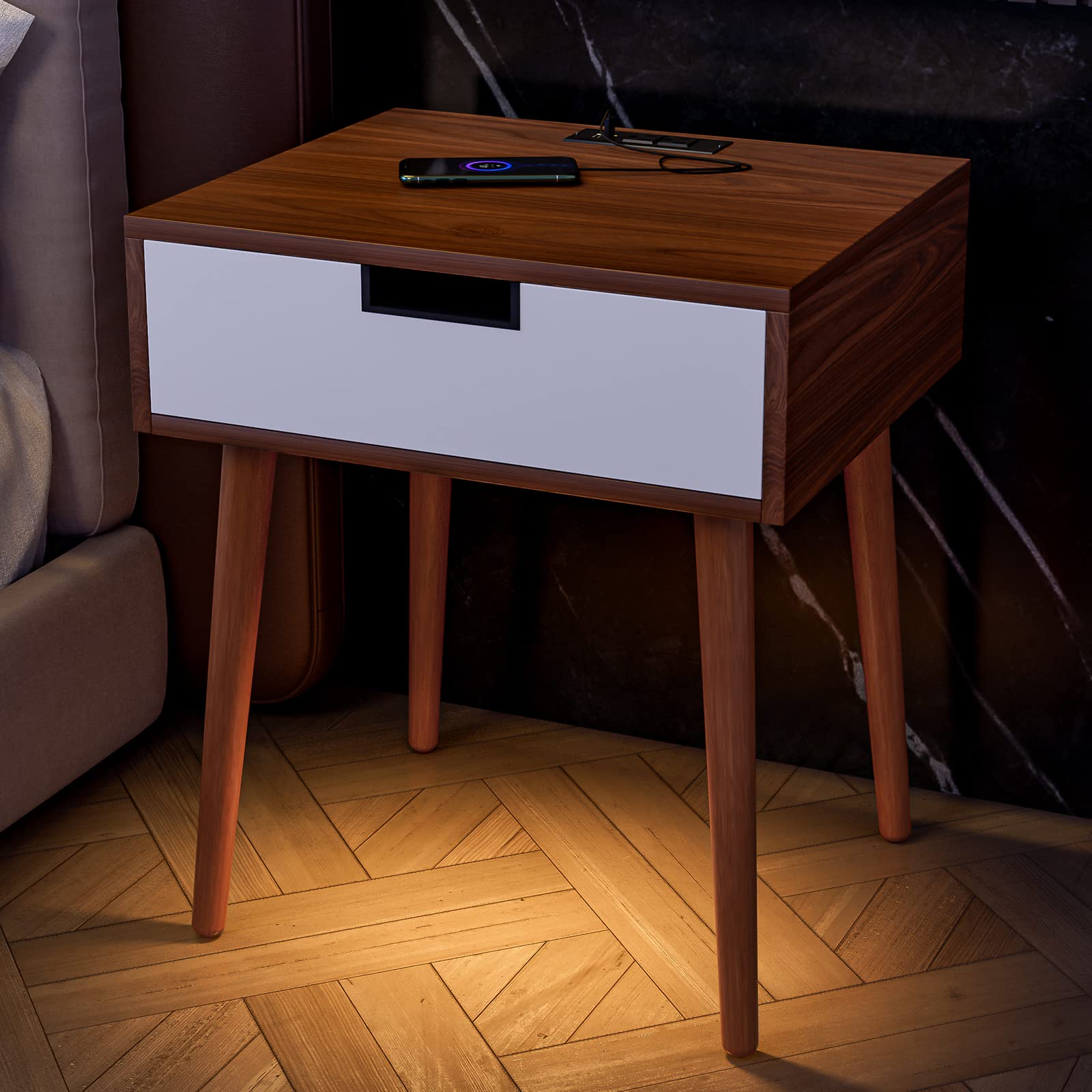 TEMI Nightstand End Table with Charging Ports, Side Table with Drawers ...