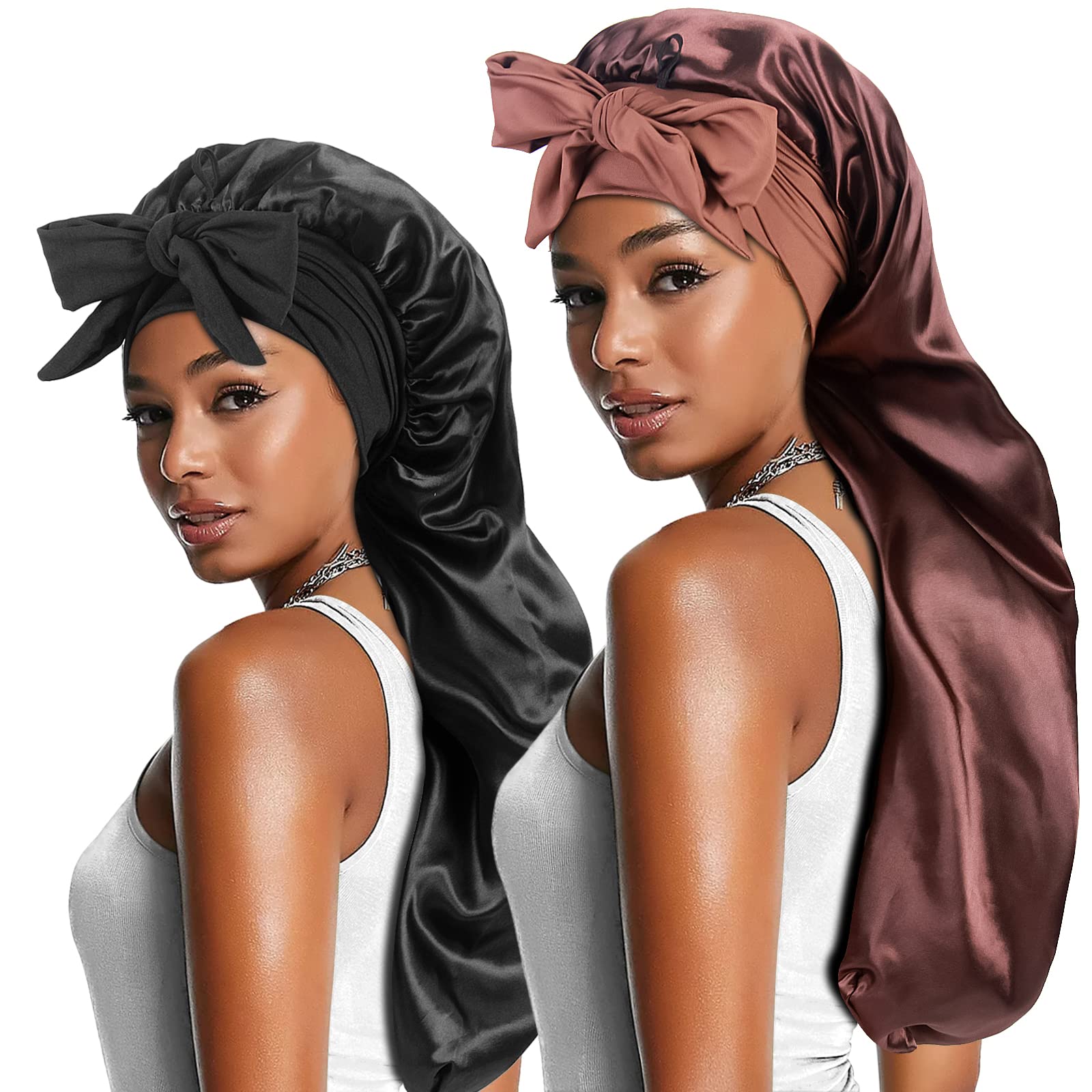 Heniho 2pcs Long Satin Bonnets with Tie Band, Large Braid Bonnet Silky ...