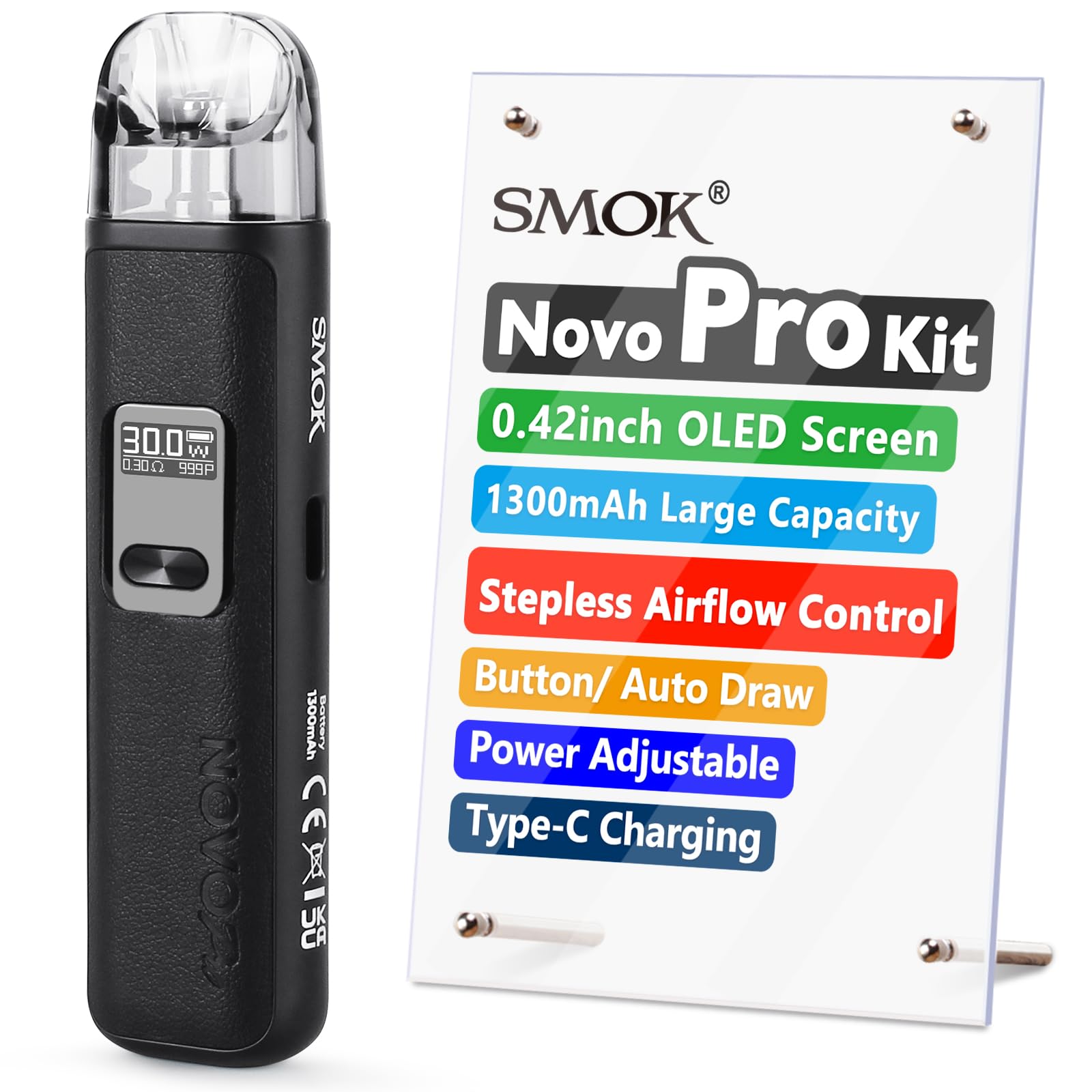 SMOK NOVO PRO 1300mAh E Cigarettes Vape Starter Kit, Upgrade 30W, 2ml ...