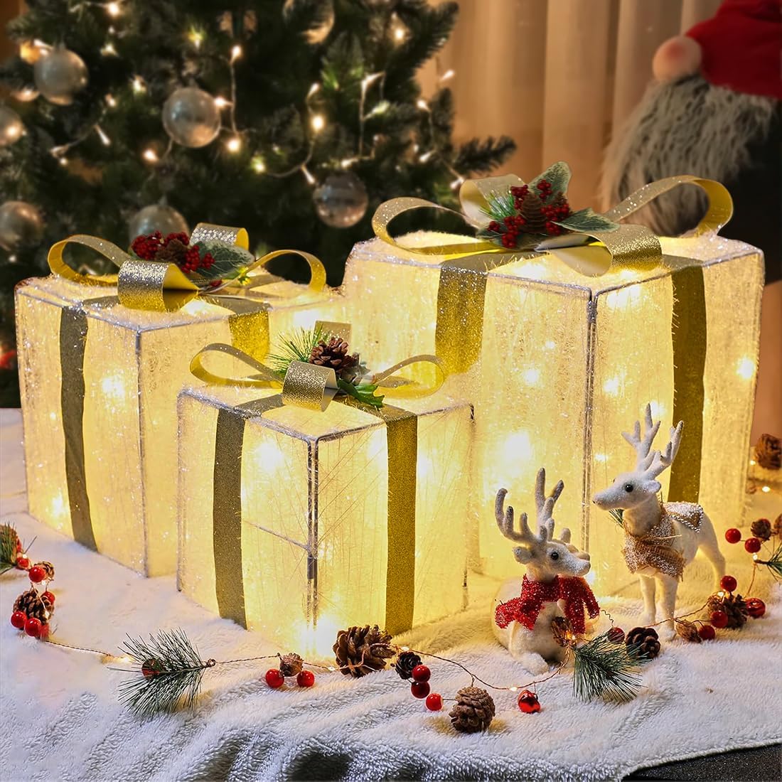 Amazon.com: 3pc Lighted Tinsel Boxes Presents Outdoor Christmas Decor ...