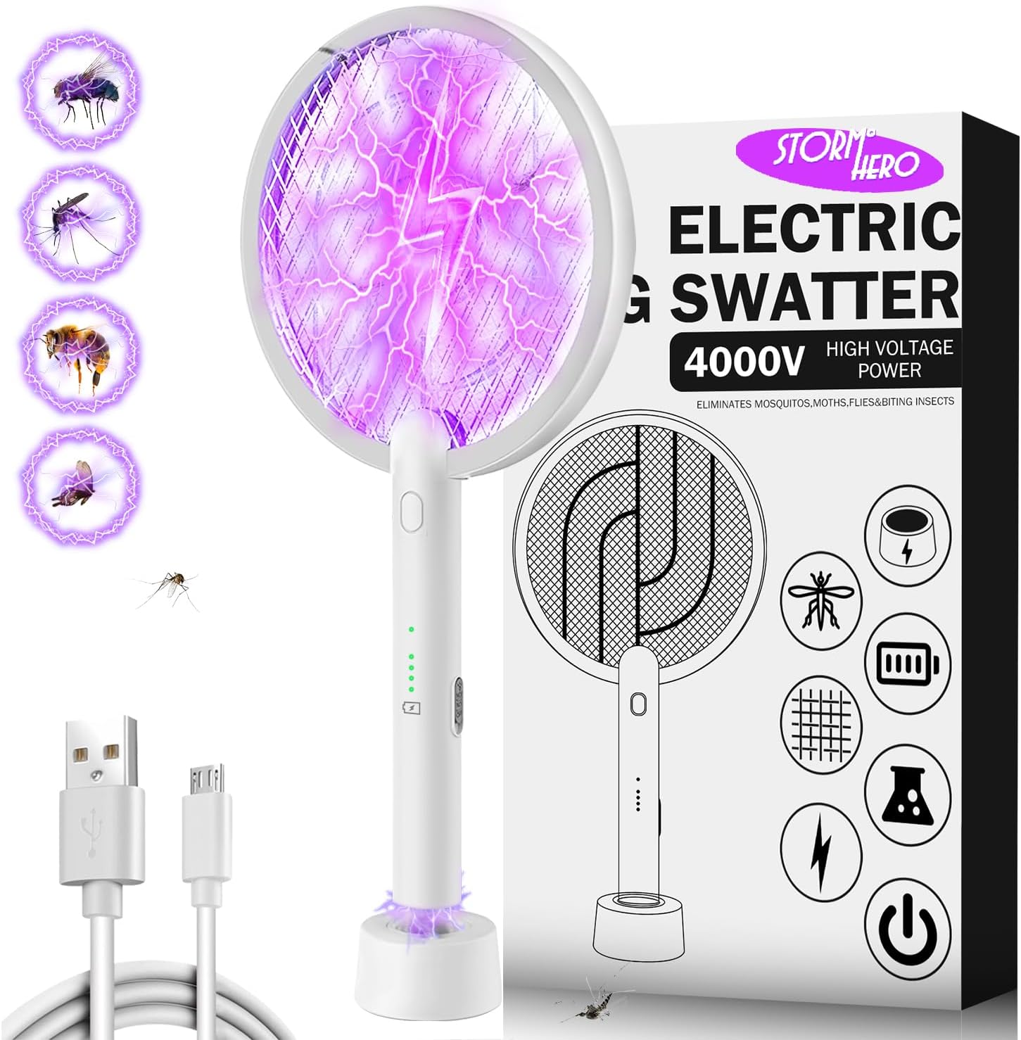 STORMHERO Electric Fly Swatter Zapper, Mosquito Swatter Racket Bug ...