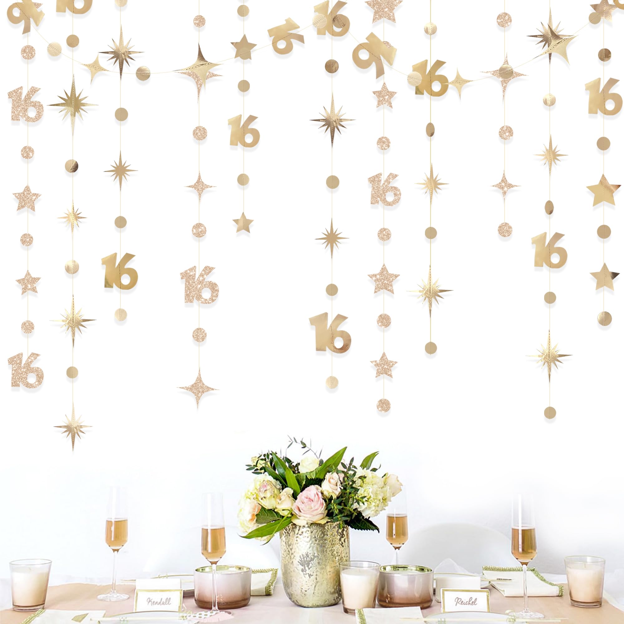 Amazon.com: Champagne Gold Number 16 Circle Dot Twinkle Star Garland ...