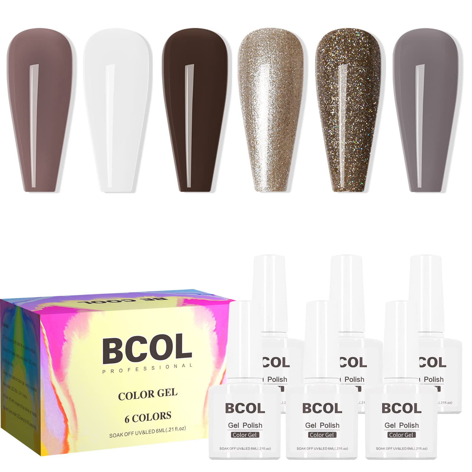 BCOL Gel Nail Polish Set - Soak Off Nail Lamp Cured 6 Colors Gel Nail ...