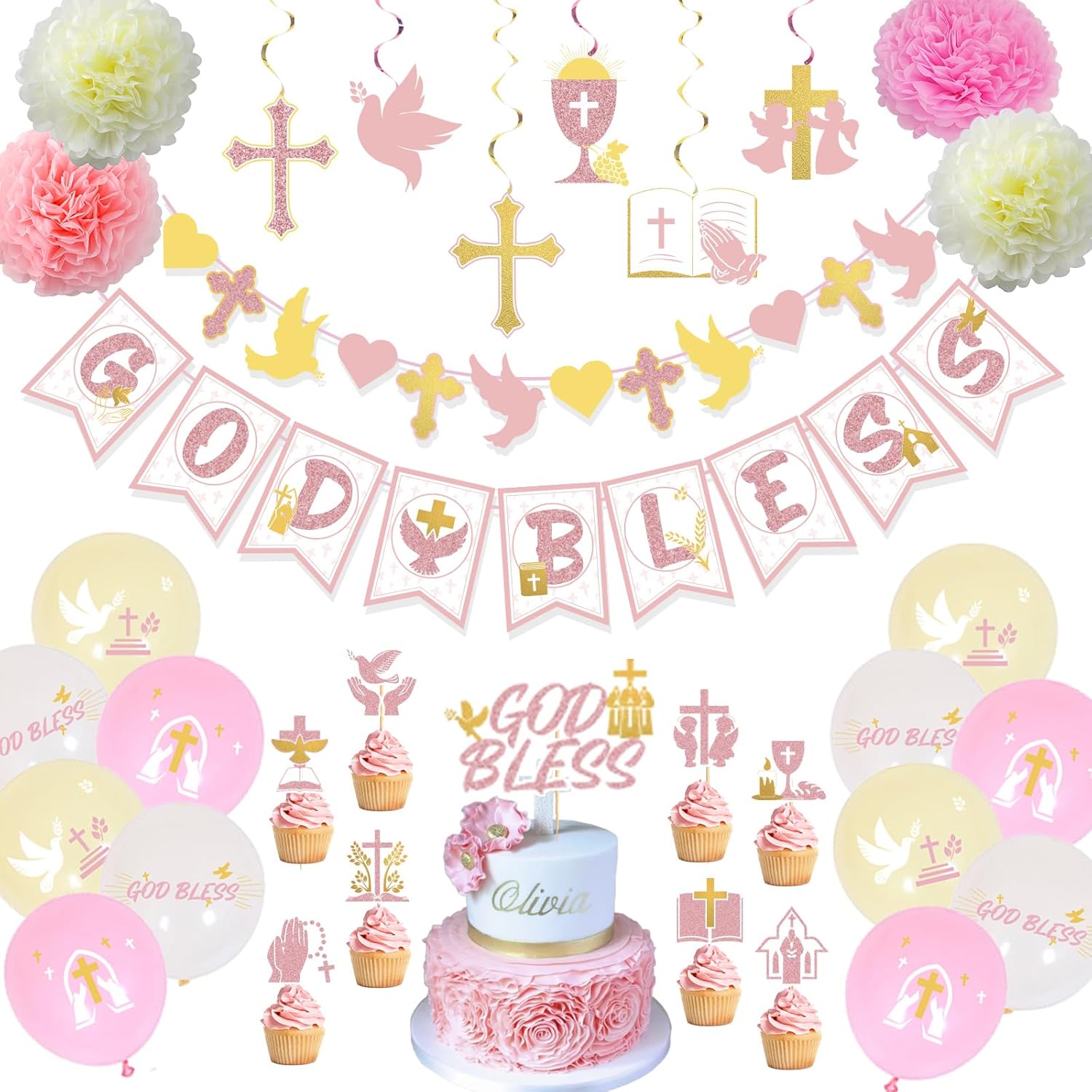 Amazon.com: Chilfamy Pink Gold Baptism Decorations for Girls, First ...