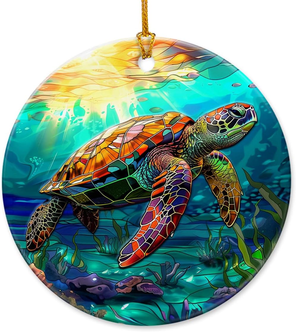 Amazon.com: Turtle Christmas Ornament 2024 - Round Ceramic Ornament ...