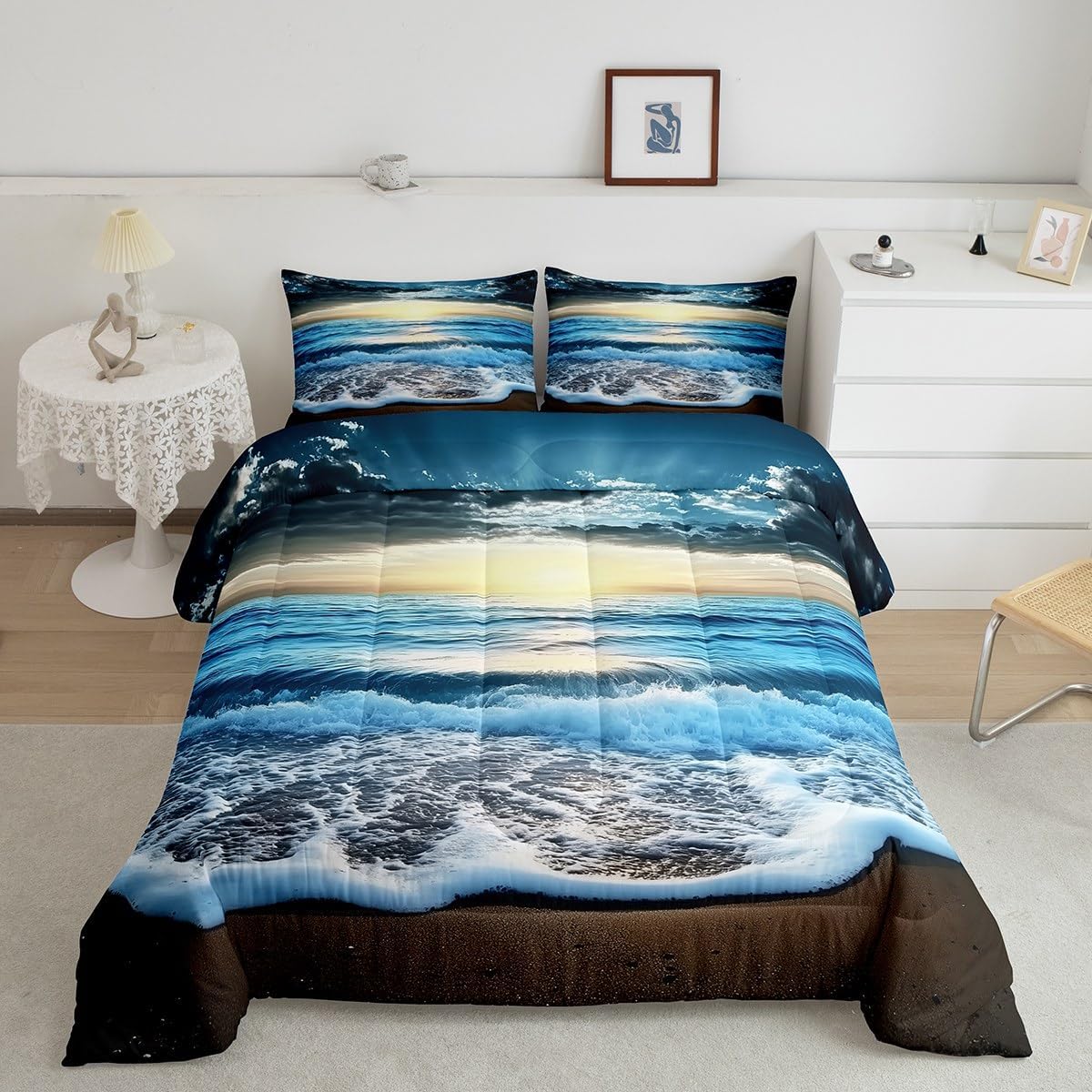 Amazon.com: jejeloiu Ocean Comforter Set King Size Kids Beach Sunset ...