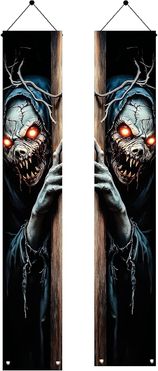 Amazon.com: Saoplasa 2PCS Halloween Porch Banner Scary Skeleton Demon ...