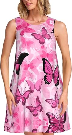 Pink Butterfly Seamless Tile Print Women's Sleeveless Dress,Stylish ...