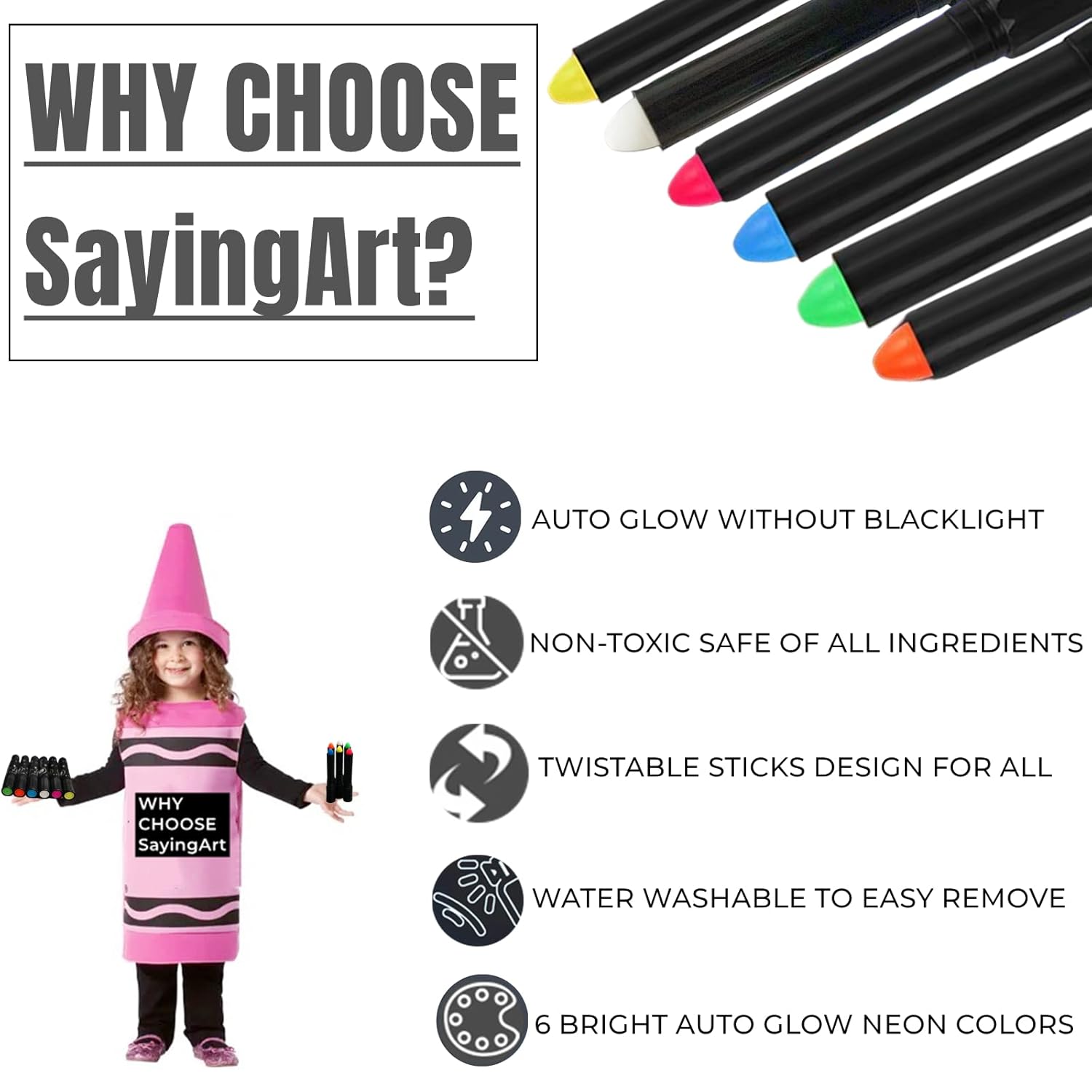 SayingArt – Pintura facial brillante, de 2 vías, neón que brilla consin ...