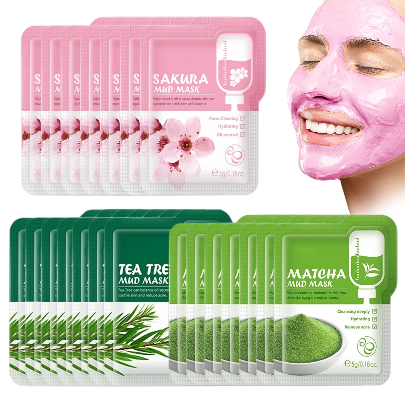 VEROA 21 Pieces Clay Mask - Natural Cherry Blossom/Tea Tree/Green Tea ...