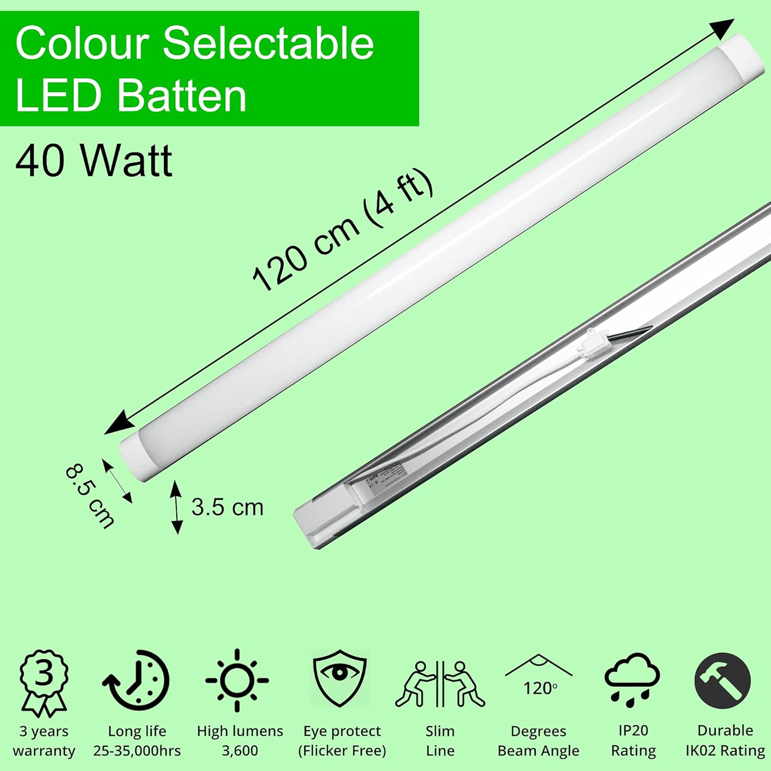 LED Batten Light Colour Changeable 3 in 1 3000K-4500K-6500K (Switchable ...