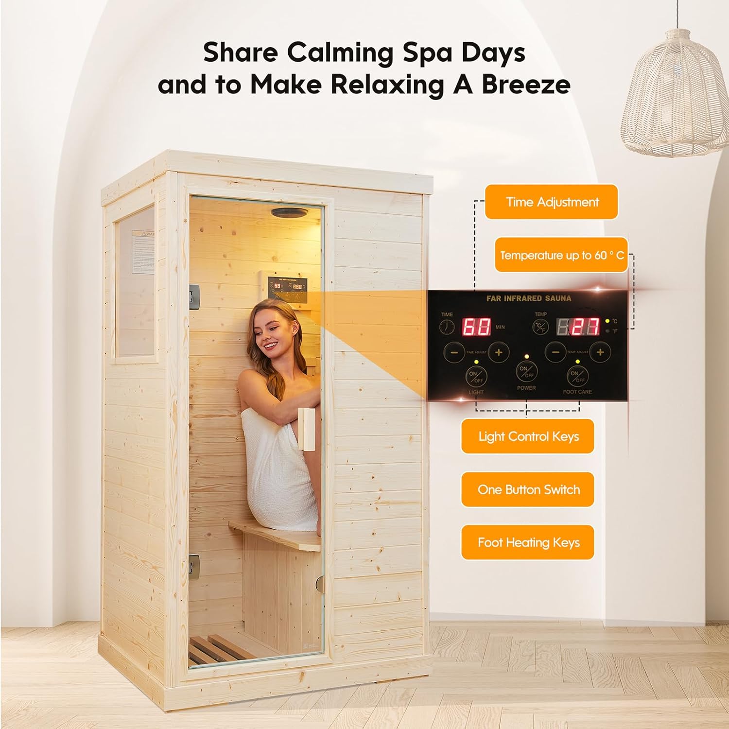 HOSAUNA Far Infrared Sauna 1 Person Spruce Wood Indoor Sauna T50C2 ...