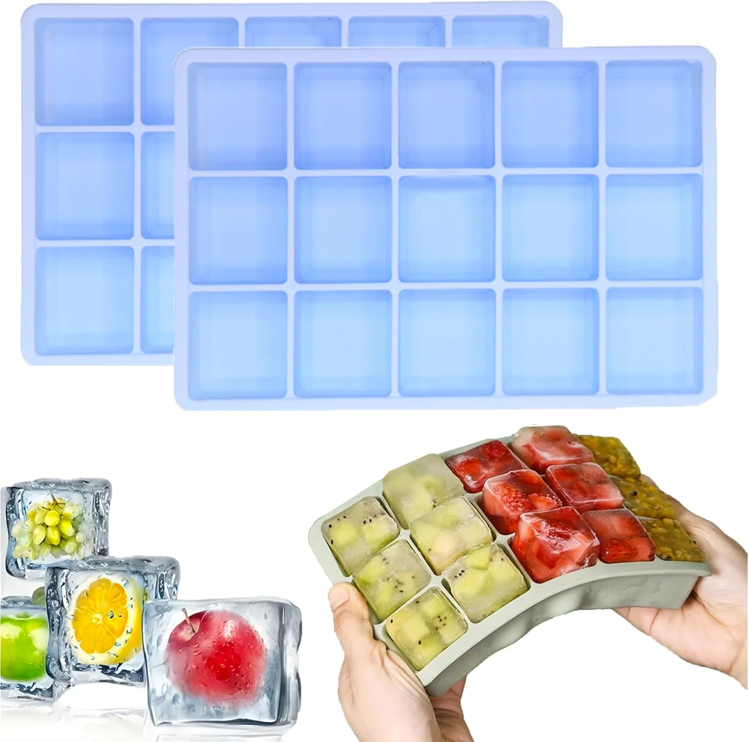 Amazon.com: Silicone Ice Cube Trays 2-Pack 15 Cubes Per Tray, Easy ...