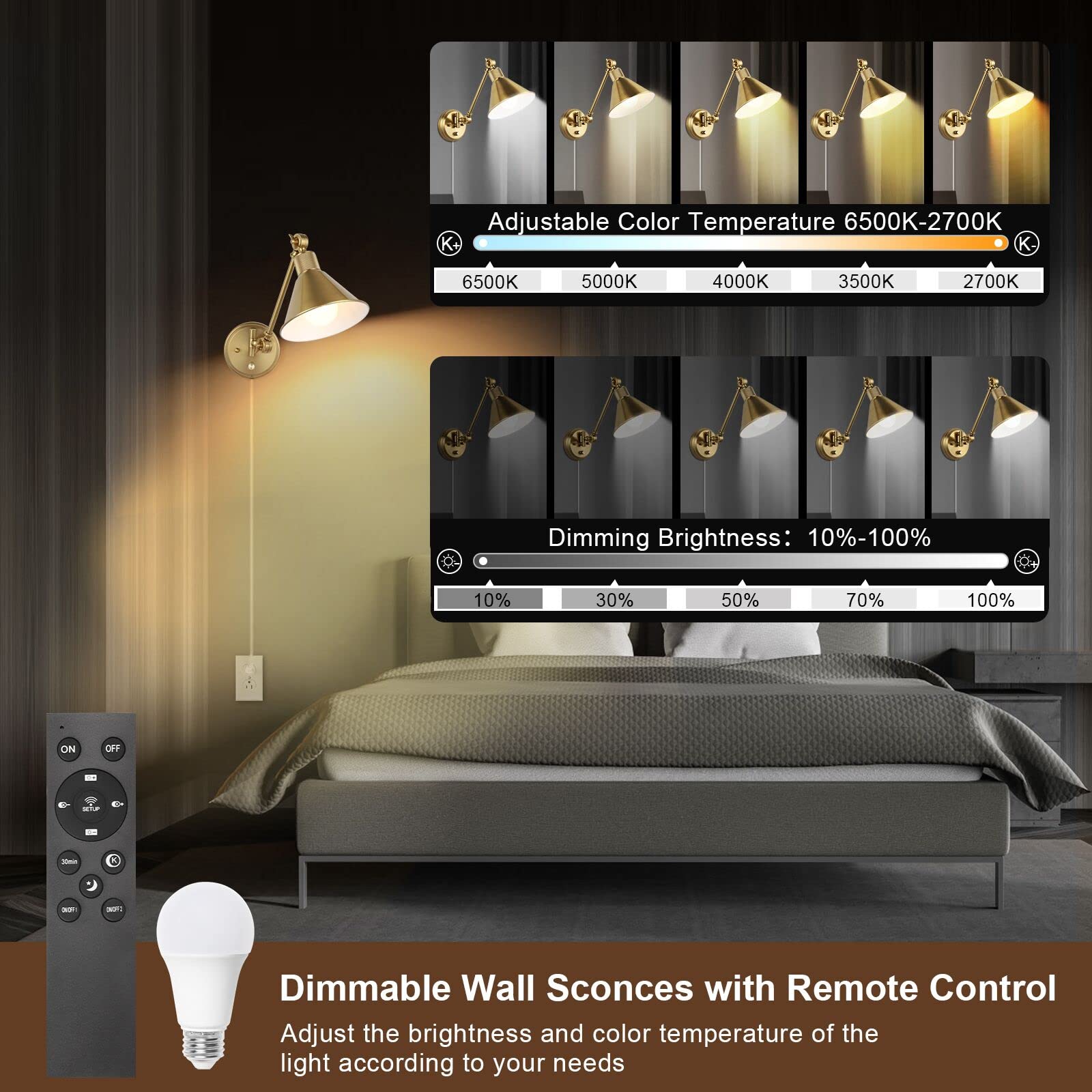 TRLIFE Dimmable Wall Sconce with Remote Control, Brushed Brass Plug in ...