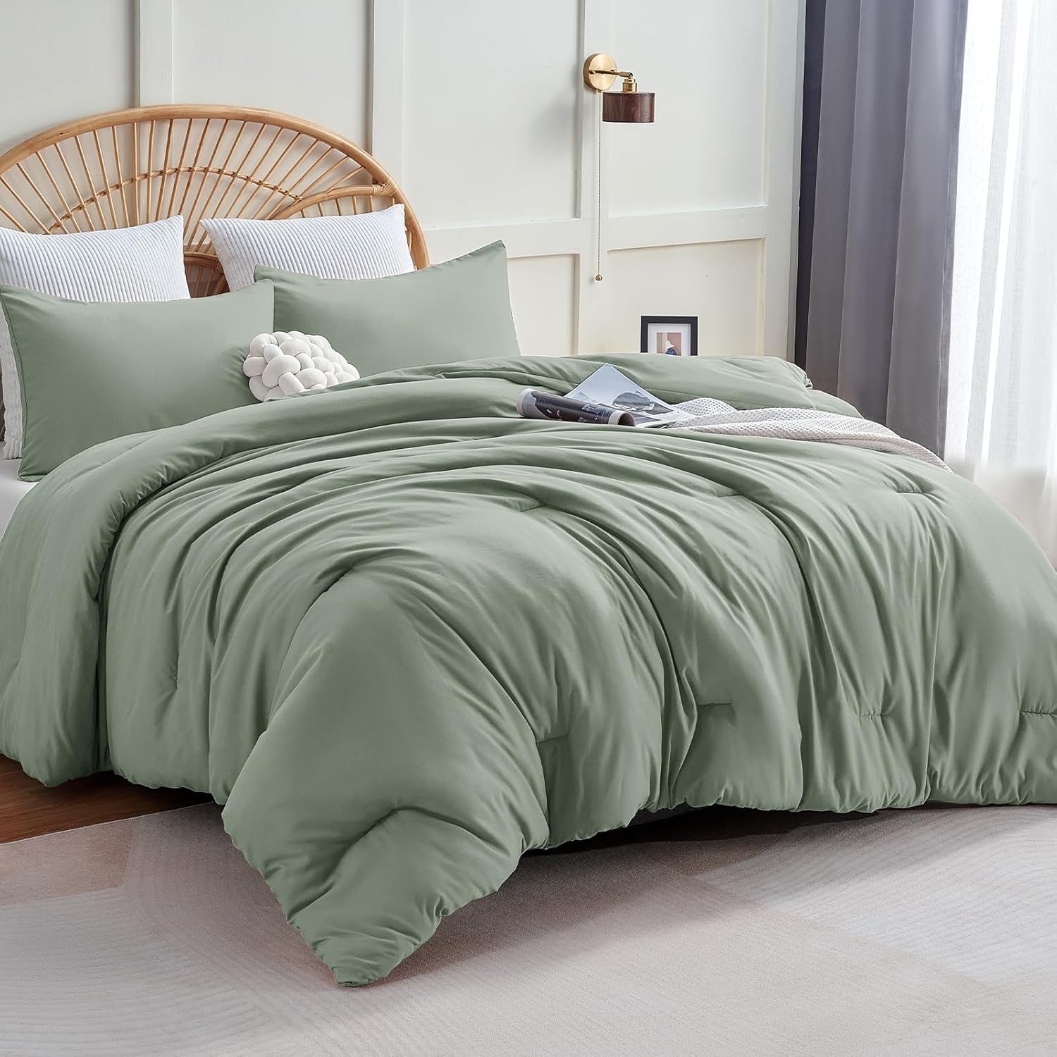 Amazon.com: CozyLux Sage Green Comforter Set King Size, 3 Pieces Solid ...