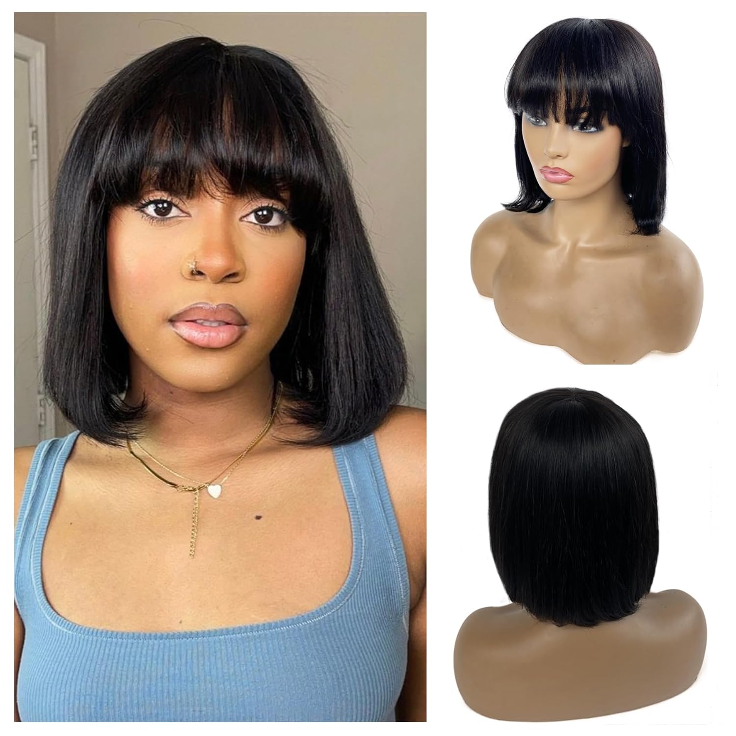 Amazon.com: Blonlier Bob Wig with Bangs Human Hair, 8 inch 2x1 Lace ...