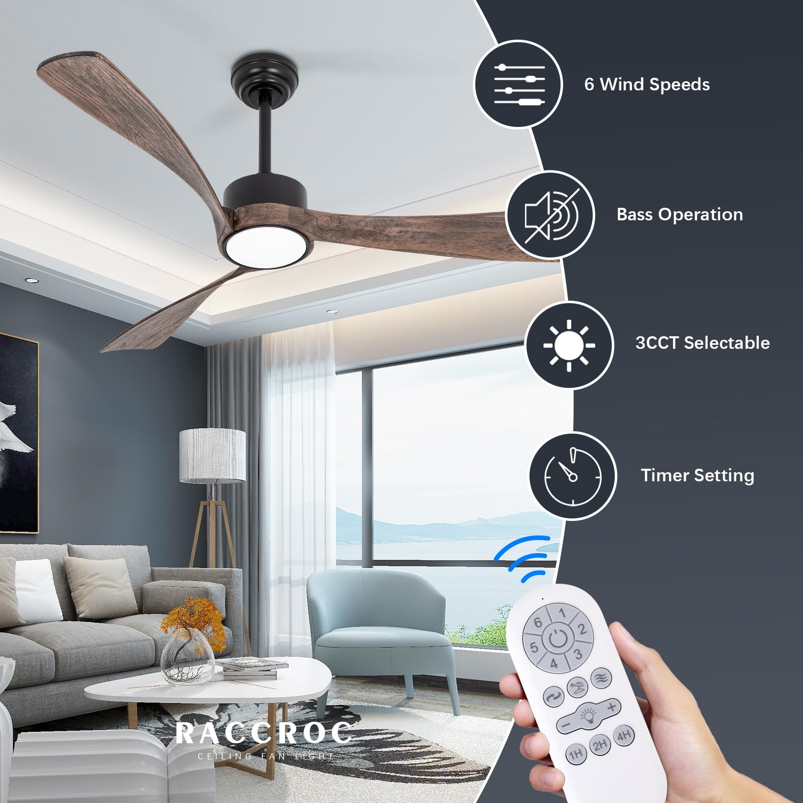 raccroc 52in Ceiling Fan,Wood Ceiling Fans with Lights and Remote,22W ...