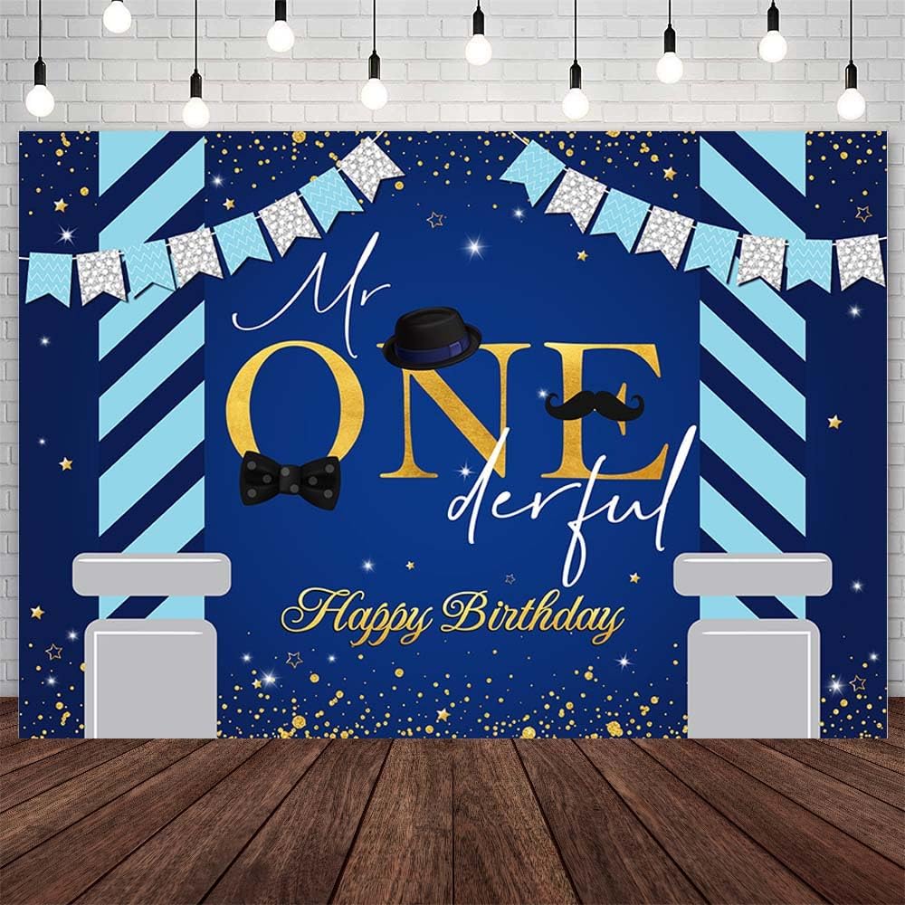 Amazon.com : AIBIIN 8x6ft Mr. Onederful Birthday Backdrop Blue Gold Boy ...