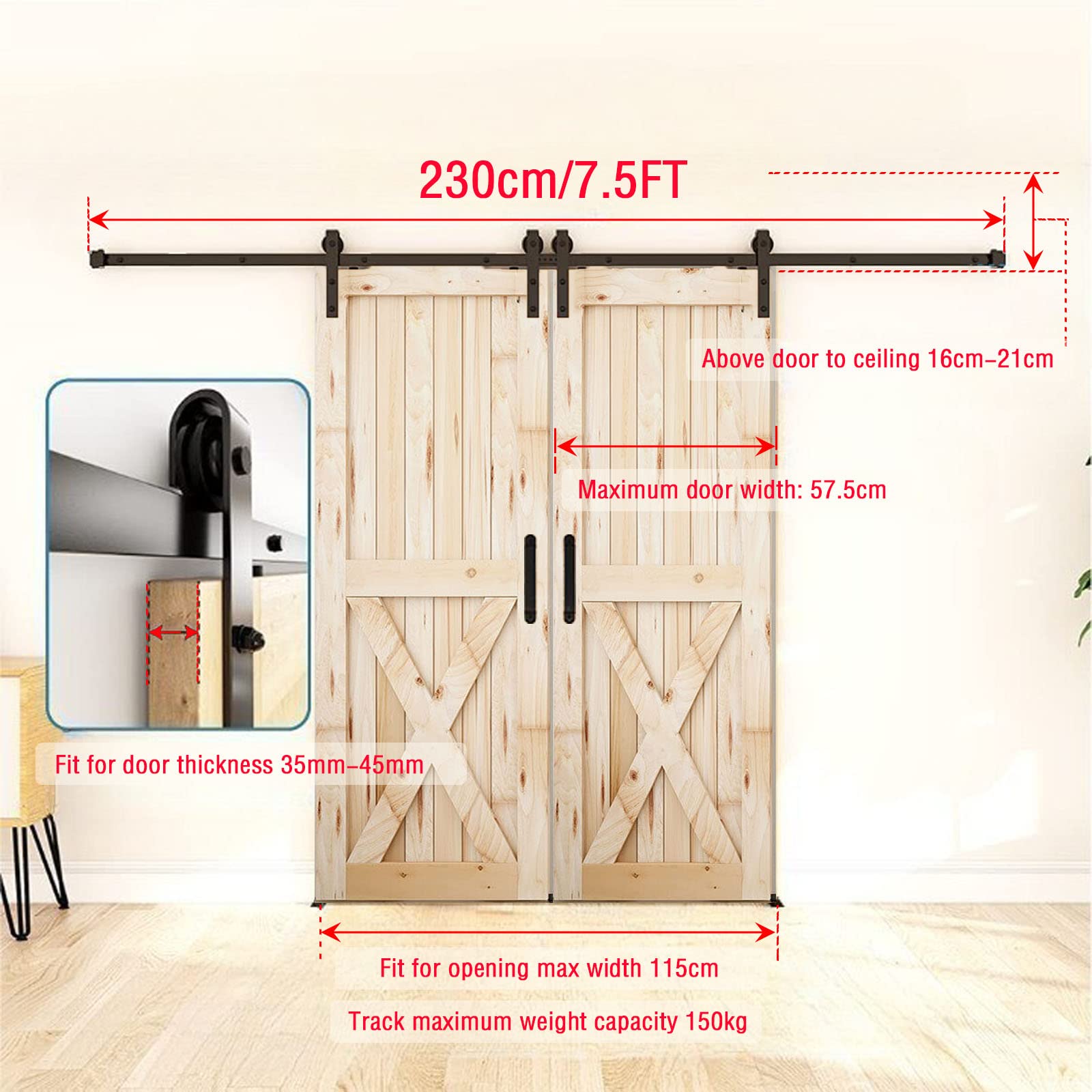 Double Barn Door Sliding Kit – 7.5FT/230cm Sliding Track Barn Door ...