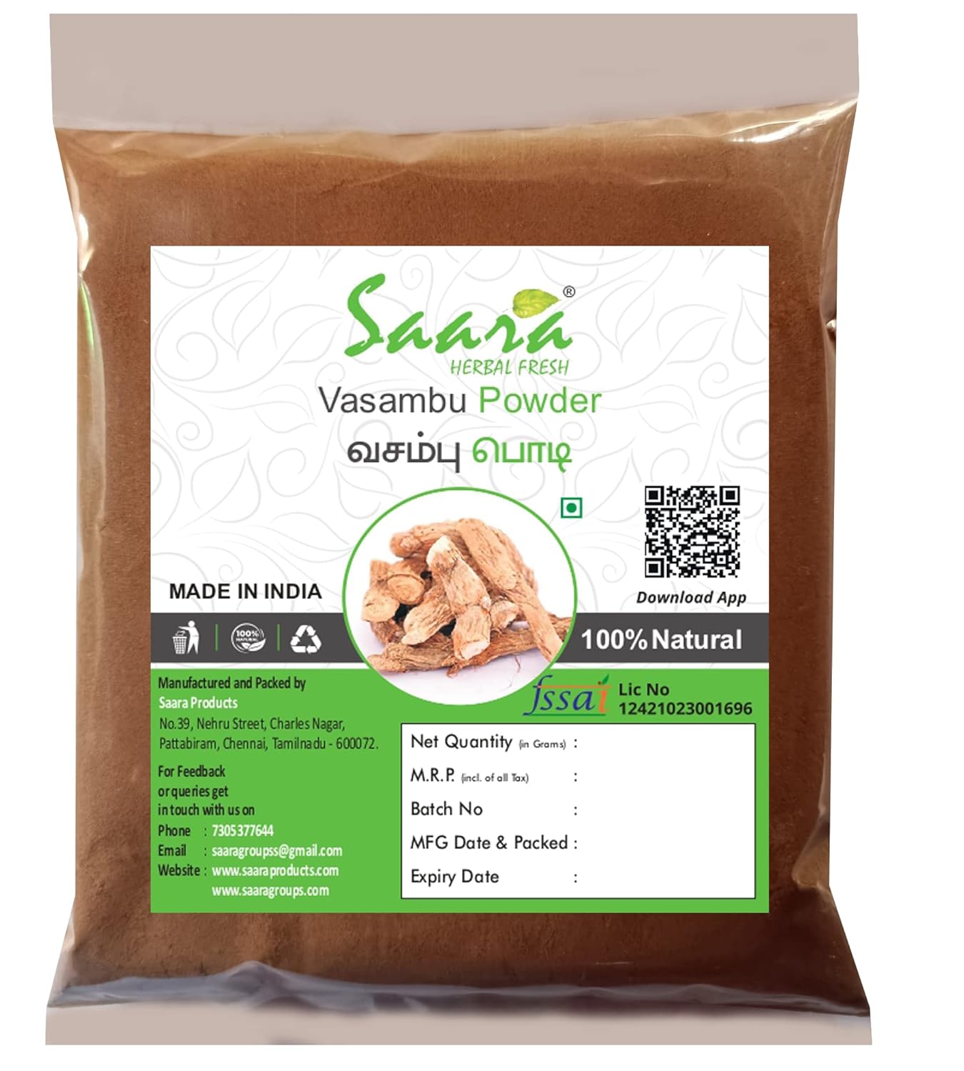 Buy Saara HERBAL FRESH Vasambu Powder, 100g, Vacha Powder, Acorus ...