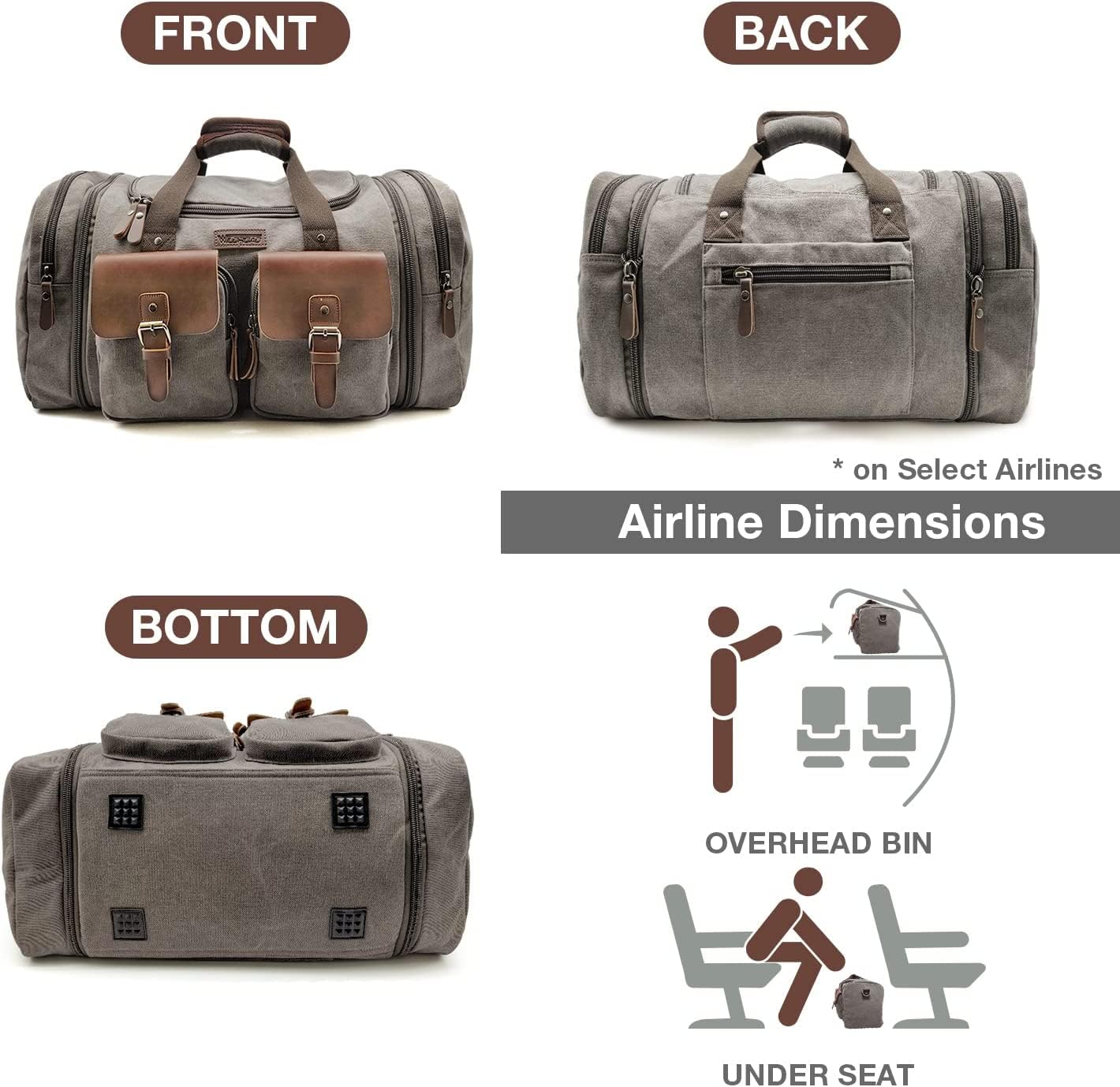Snapklik.com : 60L Travel Duffel Bag, Expandable Canvas Genuine Leather ...