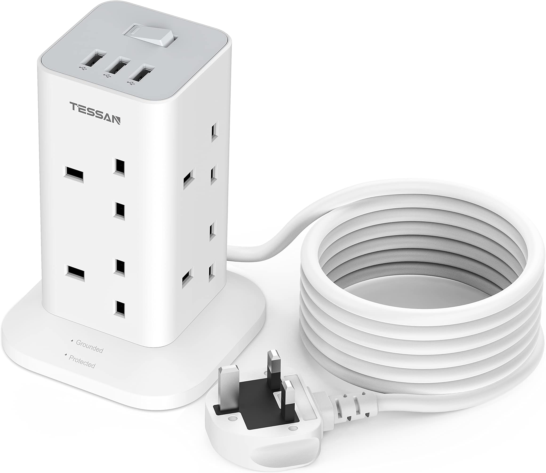 Extension Lead with 3 USB Slots, TESSAN 13A 4 Way Multi Plug Extension ...