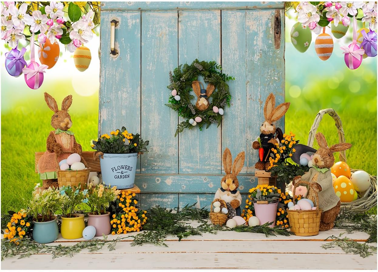Amazon.com : AIIKES 7x5ft Easter Photography Backdrop Spring Easter Backdrop Egg Rabbit Green ...