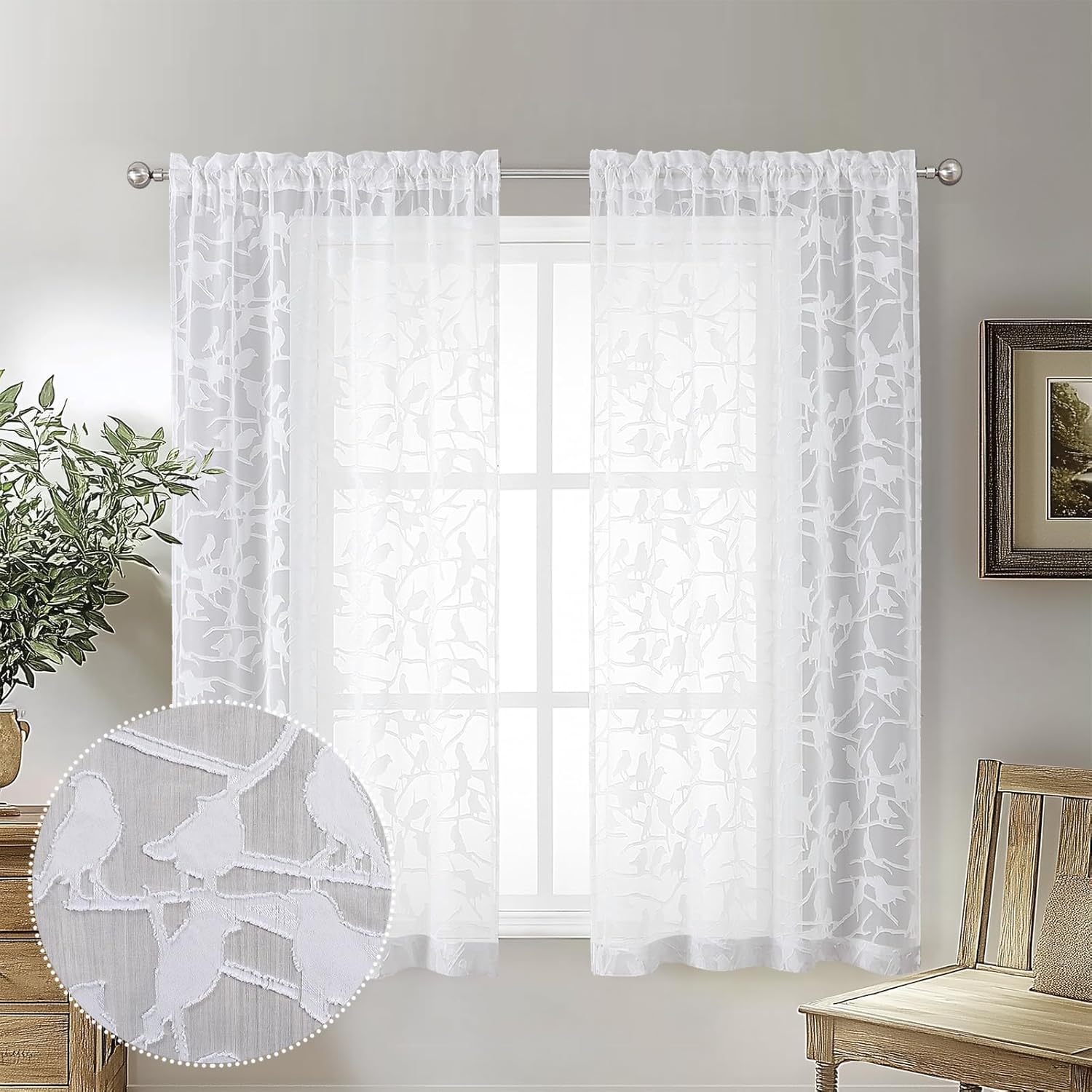 Amazon.com: OVZME Anji Bird White Sheer Curtains 45 Inches Long 2 ...
