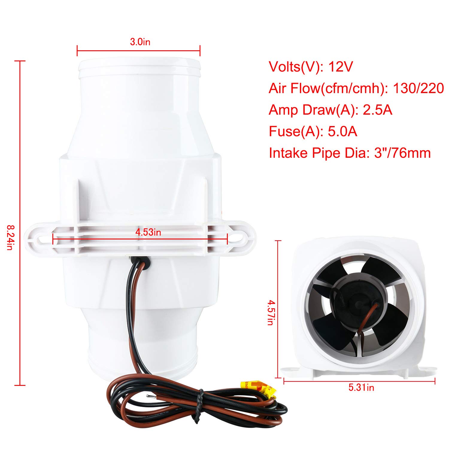 Snapklik.com : 3 Inch 12V in-Line Blower Electric in-Line Marine Bilge ...