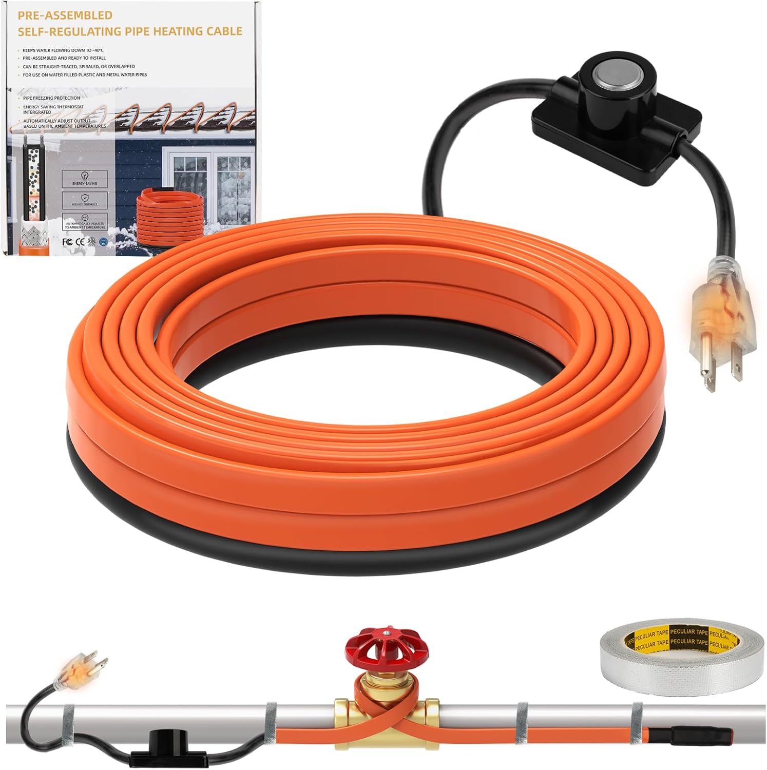 6FT ~ 100FT Heat Tape for Water Pipes with Thermostat Self-Regulating ...