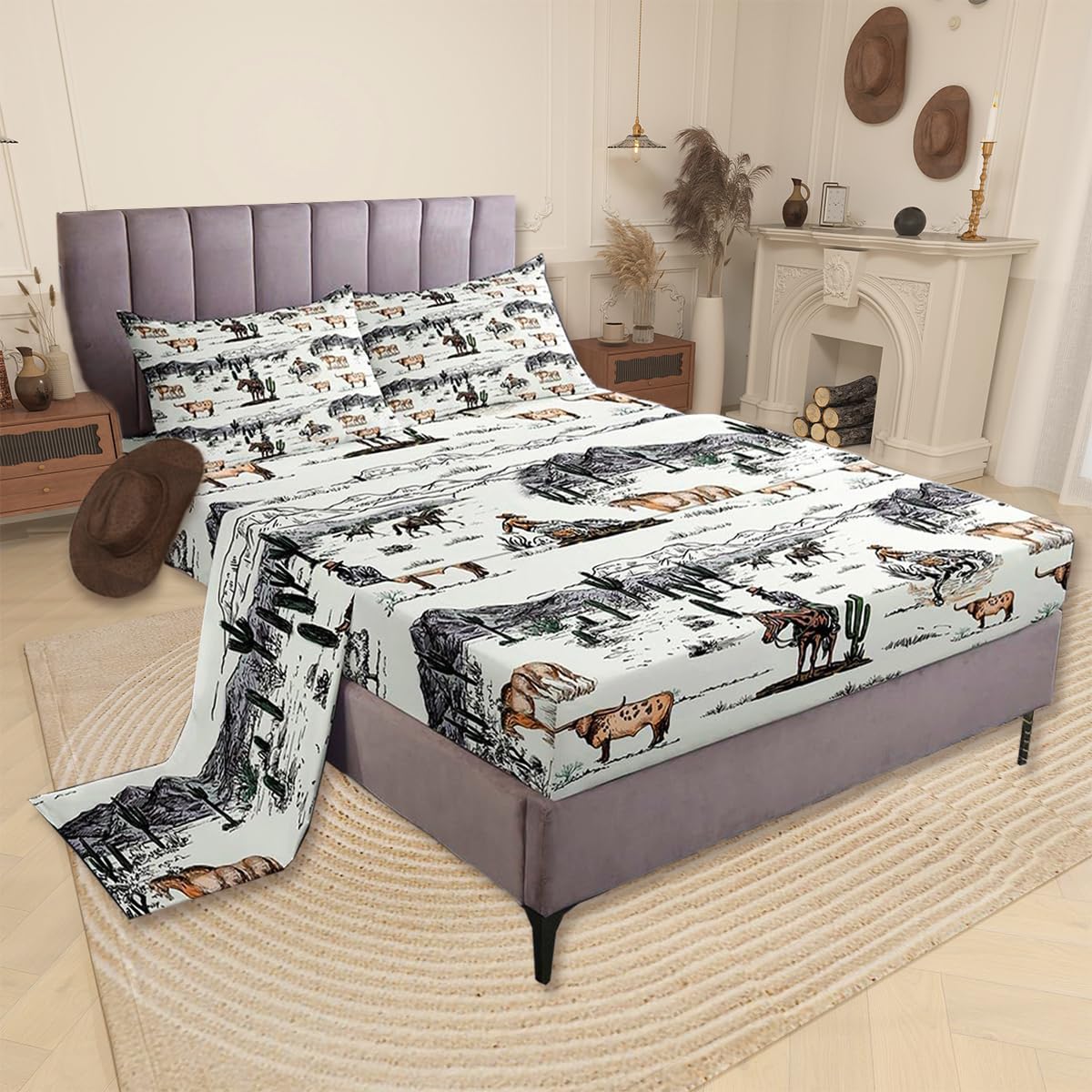 Amazon.com: Western Cowboy Sheet Set King Size,Vintage Southwest Style ...