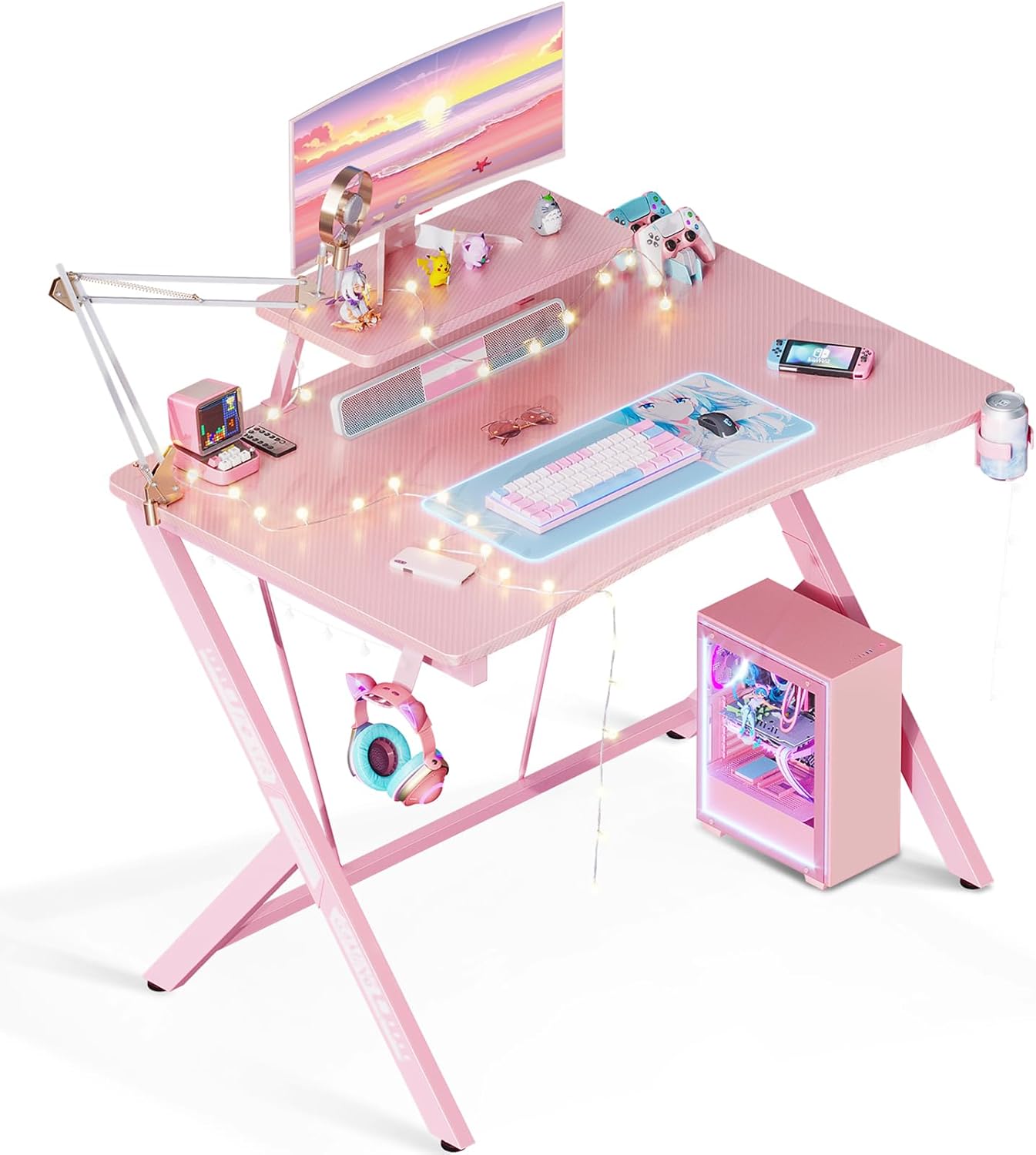 Amazon.com: MOTPK Pink Gaming Desk with Led Lights, Small Pink Desk ...