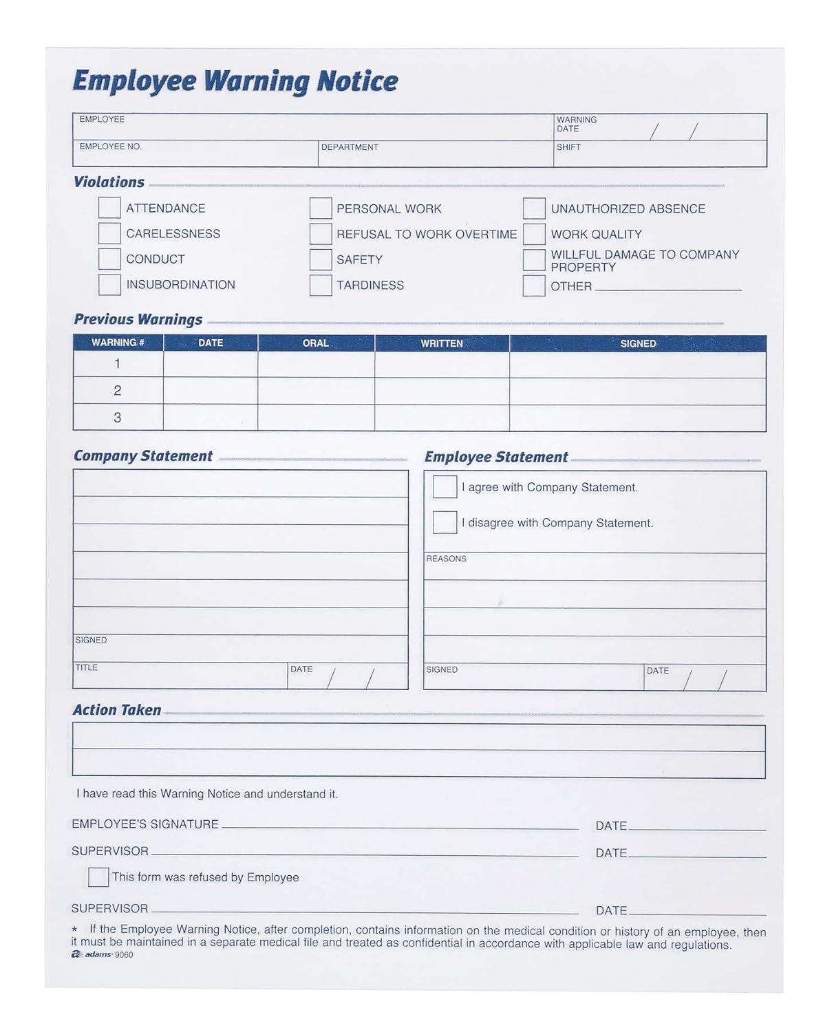 Adams Employee Warning Notice Form, 8.5 x 11 Inches, 2 Pads of 50 Forms ...