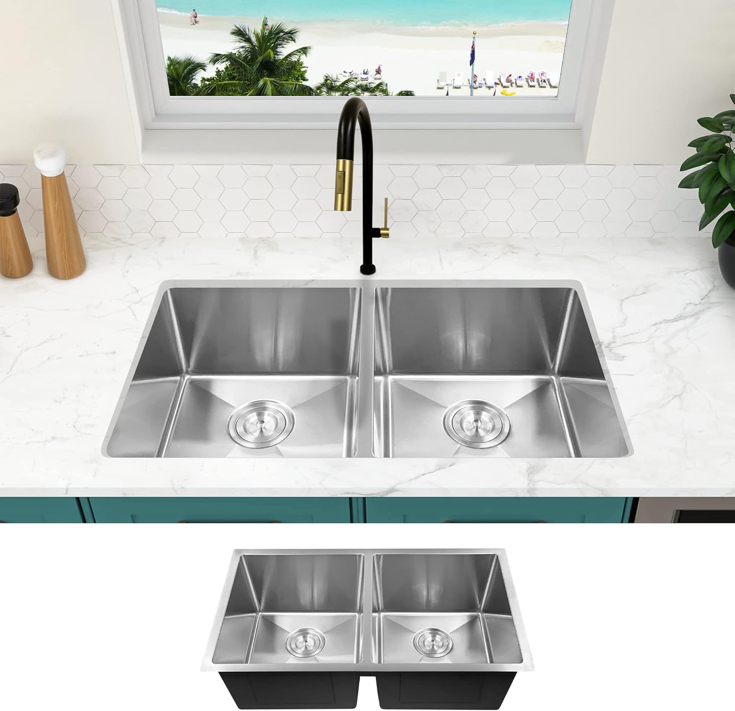 KABCO 18 Gauge 31 Inch Double Bowl Undermount Stainless Steel Kitchen ...