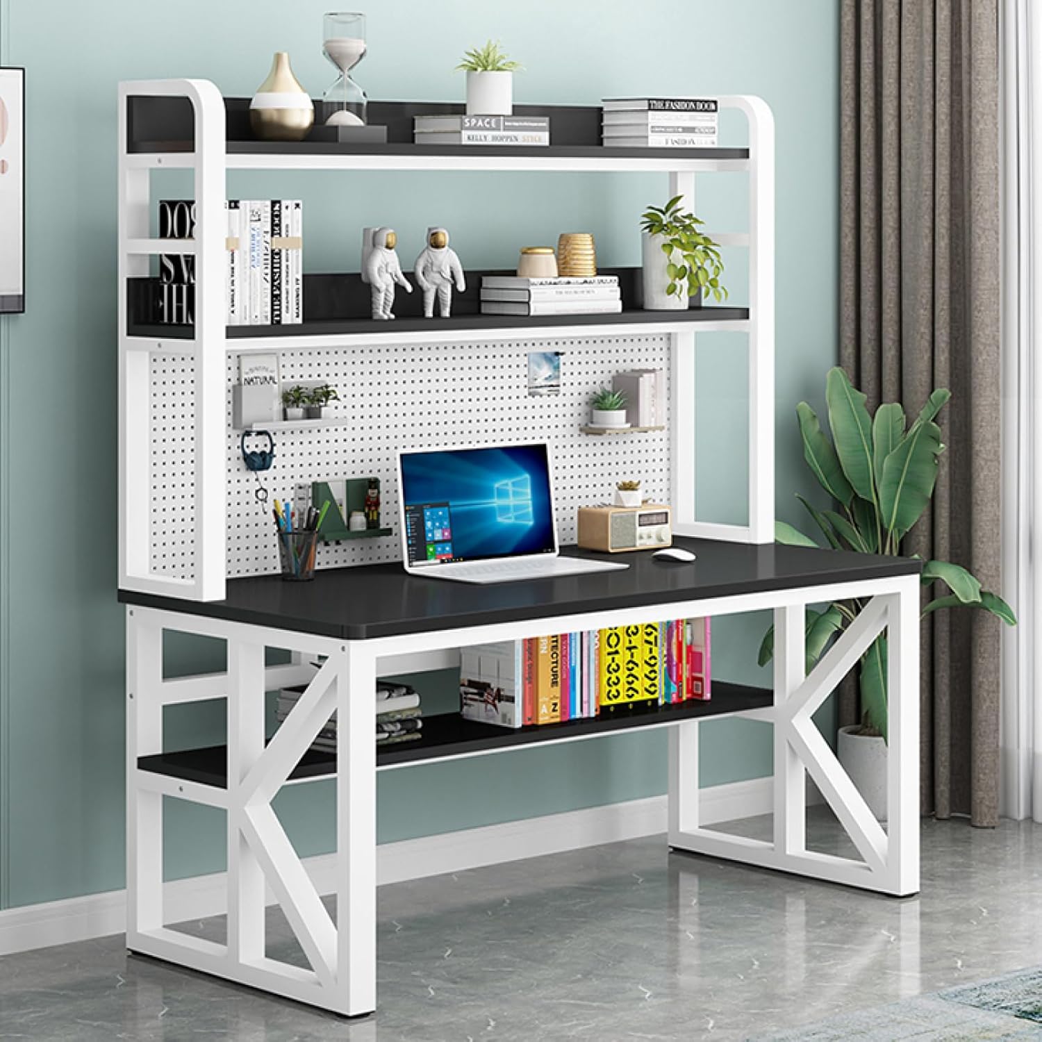 Amazon.com: LKXNEW Computer Desk with Storage Compartments and Pegboard ...