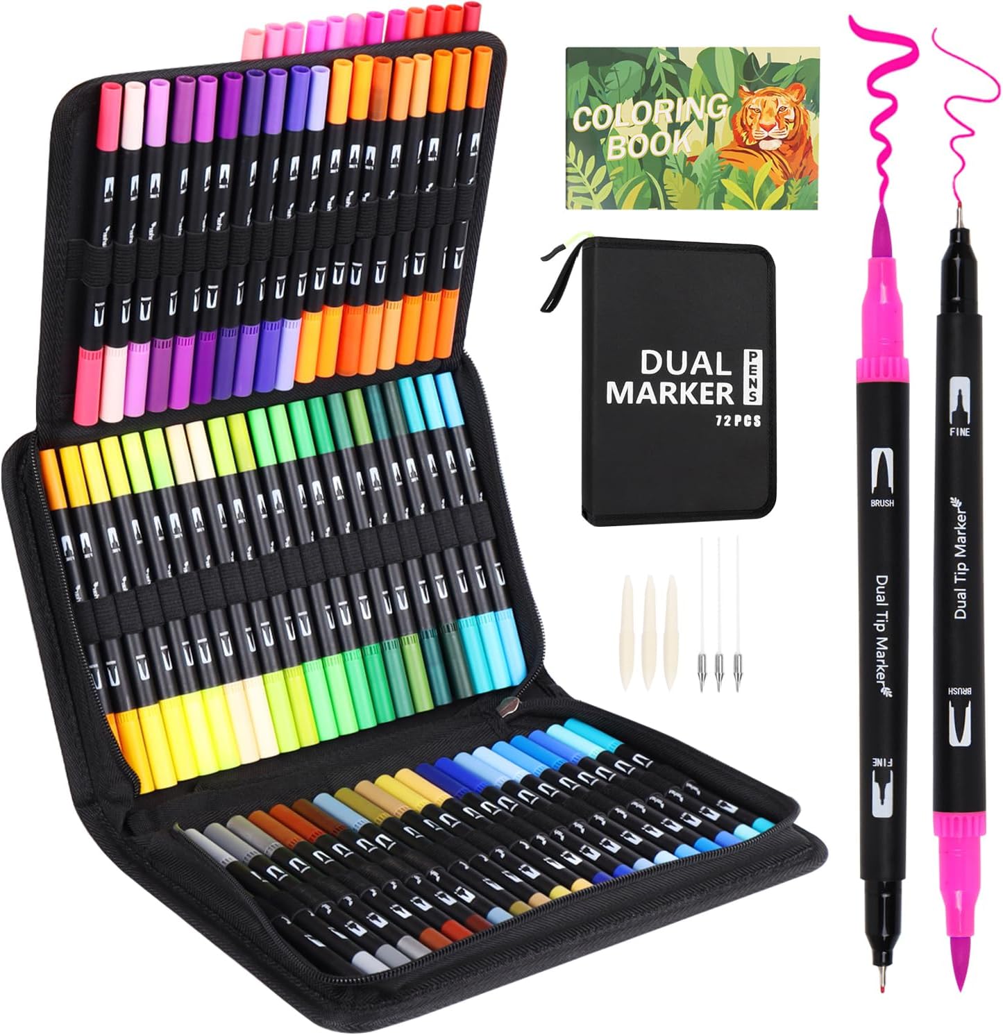 Sonlaryin Colouring Pens, 72 Dual Tip Brush Pens with Fineliner & Brush ...