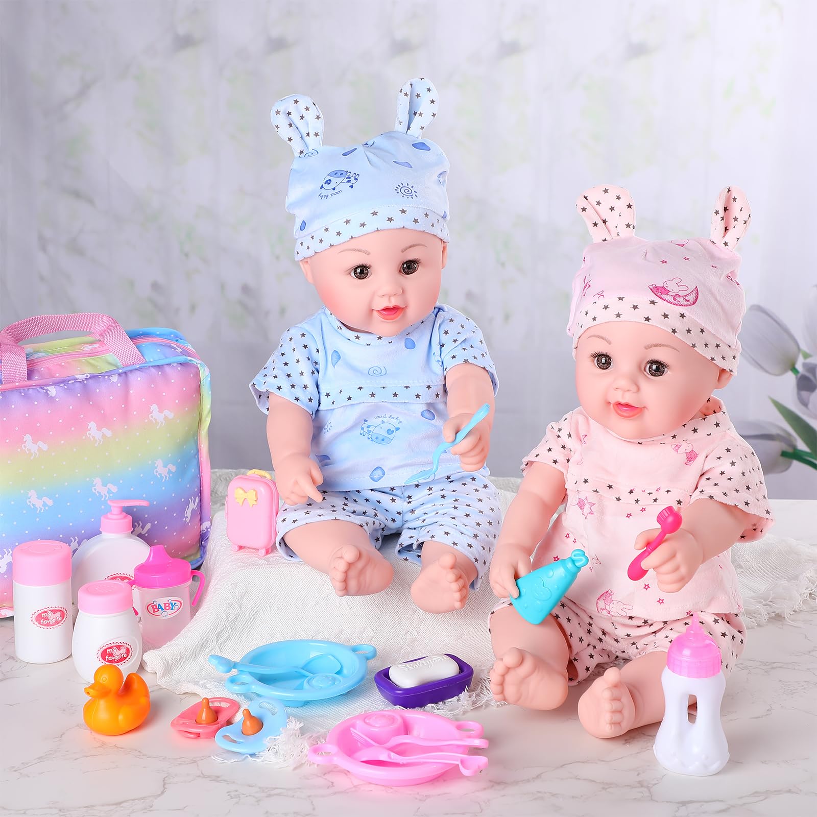 Jerify 16 Pcs Twin Baby Dolls Set 19 Inch Soft Baby Dolls with Dinner ...