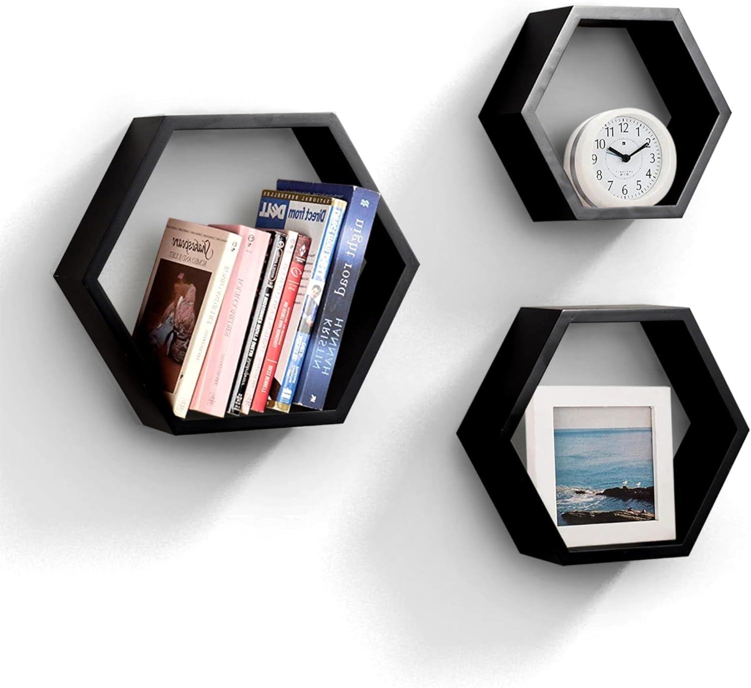 Amazon.com: ROSE BLOOM Set of 3 Black Wood Hexagon Shelves for Wall ...