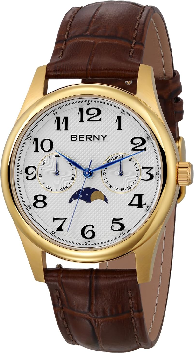 Amazon.co.jp: BERNY メンズ 腕時計 ムーンフェイズ時計 アナログ腕時計 メンズ腕時計 腕時計 安い 曜日と日付を付き 本革バンド 読みやすい数字 : ファッション