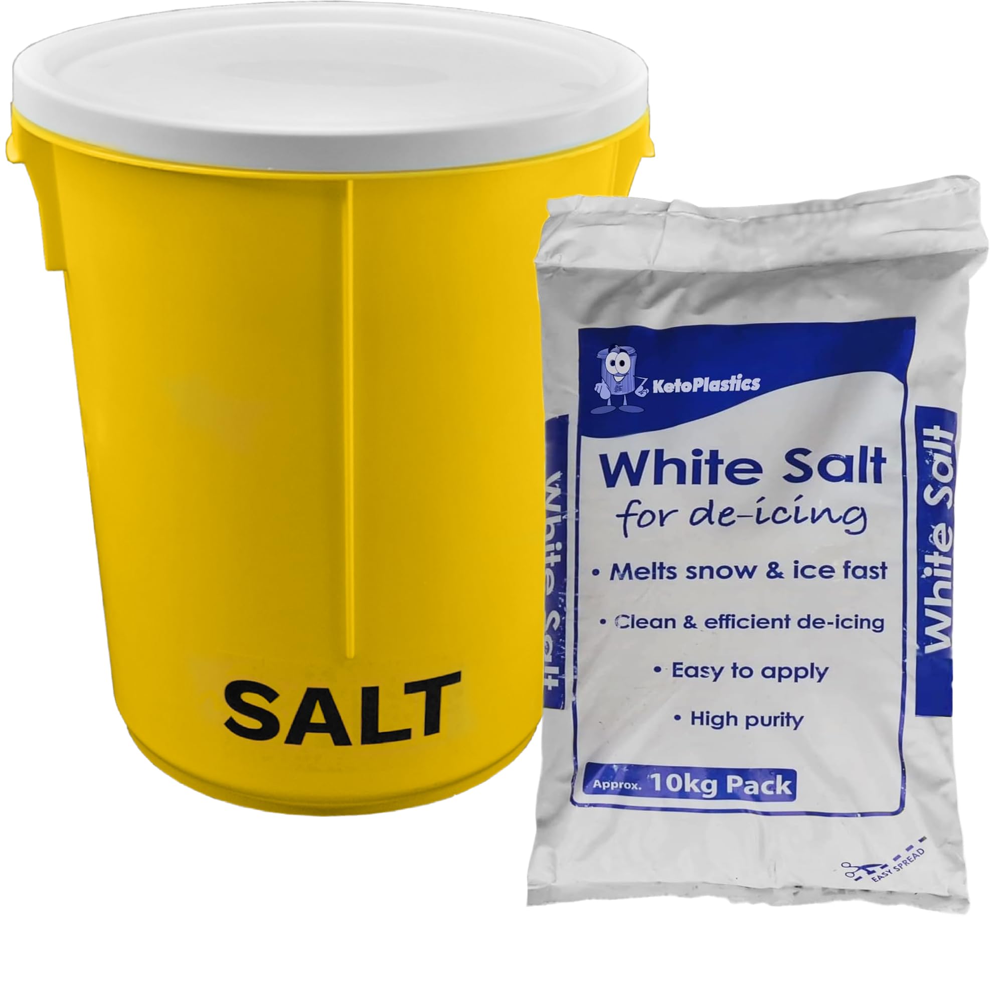 25L Yellow Grit Salt Bin 43cm with Lid and 10kg White De-Icing Salt for ...