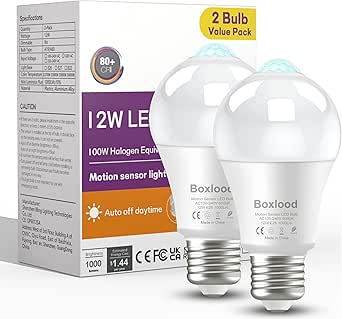 Boxlood LED Motion Sensor Light Bulbs Outdoor Indoor, 12W(100W ...