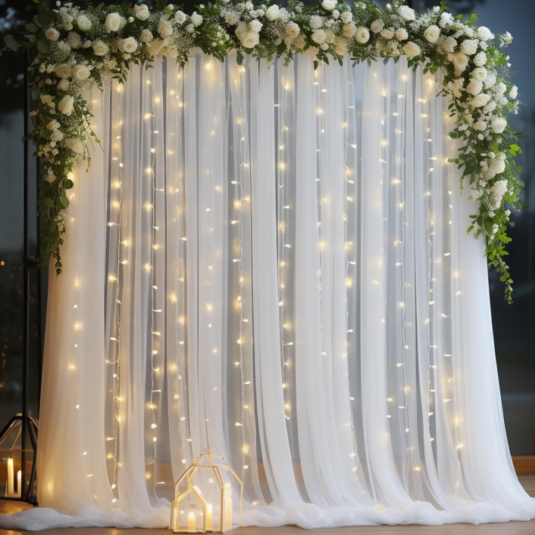 Amazon.com : 10ft x 10ft White Sheer Tulle Backdrop Curtain with Lights ...