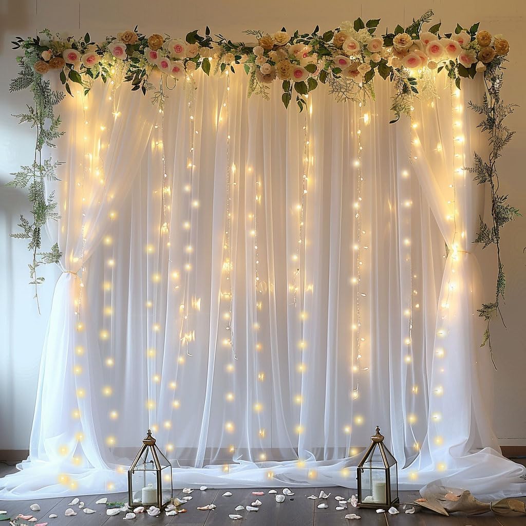Amazon.com : White Sheer Tulle Backdrop Curtain with Lights String ...