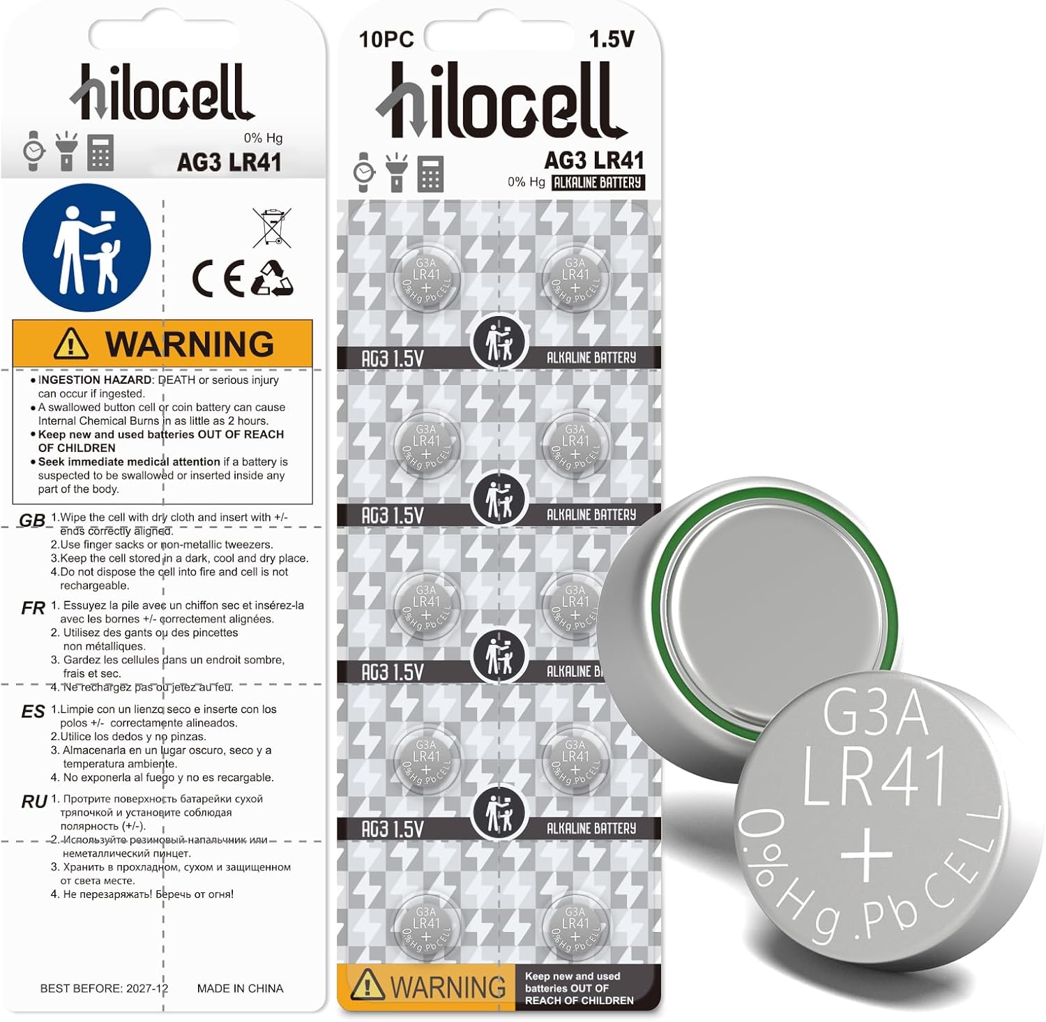 LR41 Button Batteries 10 Pack, AG3 Coin Cell Battery, 1.55V Long Lasting SR41 Alkaline Coin ...