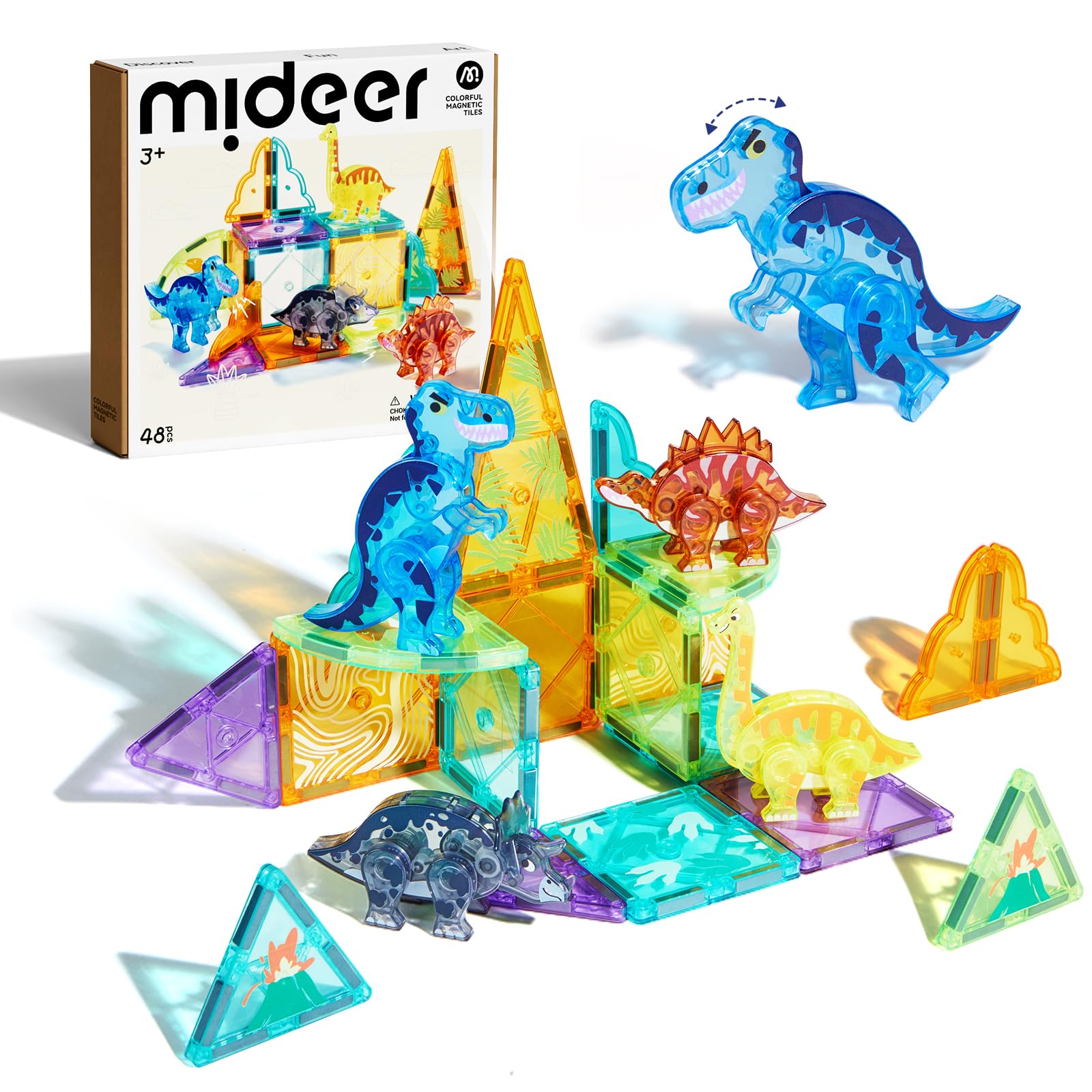 Amazon.com: MiDeer Dinosaur Toy Magnetic Tiles 48 Pcs, Magnetic ...