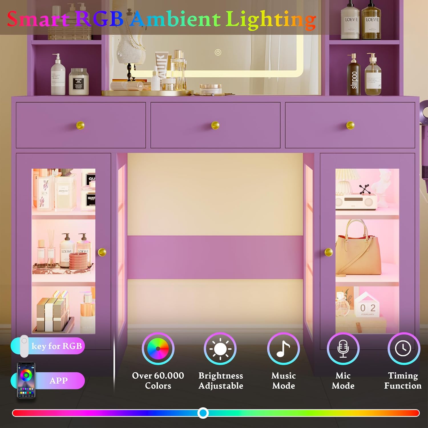 Wodeer 43-inch Purple Makeup Vanity Desk with Mirror and Adjustable LED ...