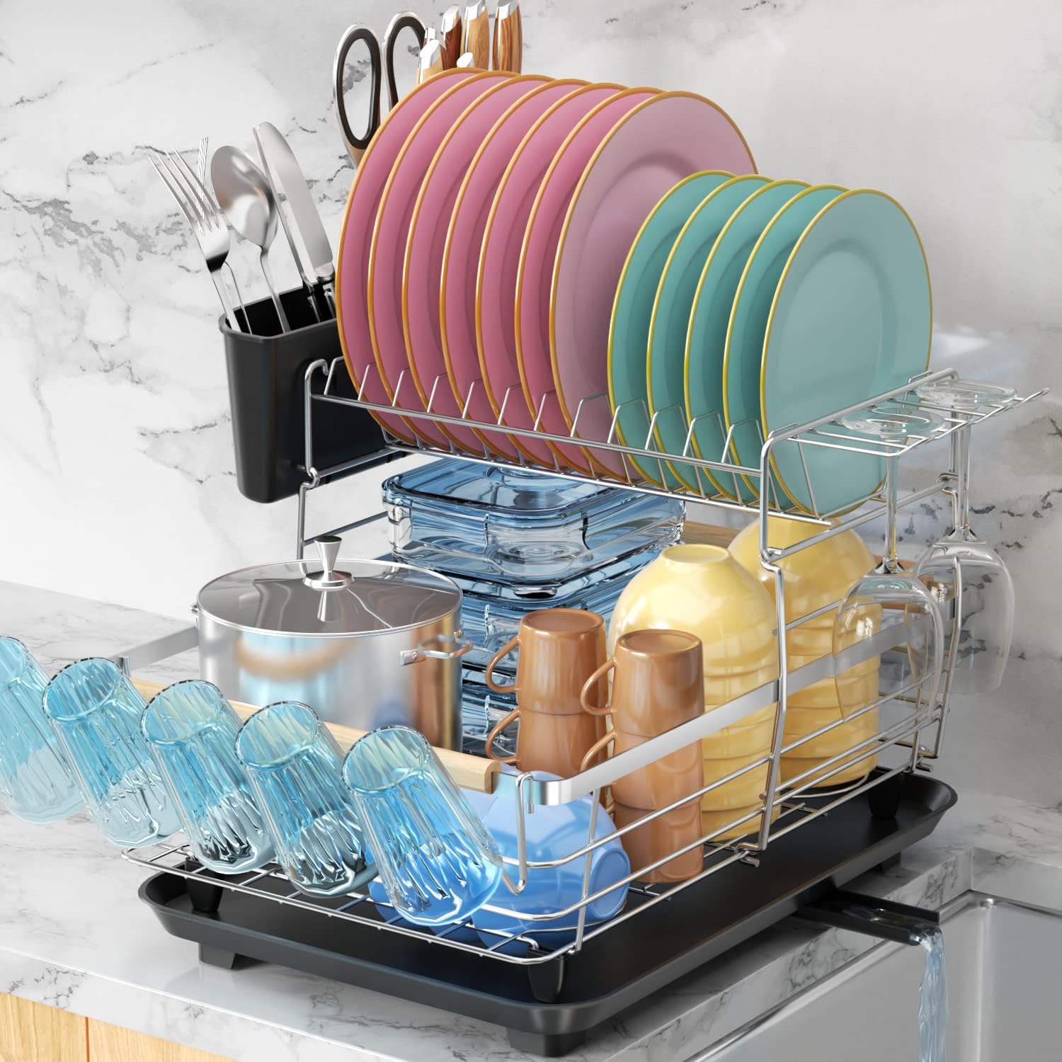 G-TING Dish Drying Rack, 2 Tier Detachable Dish Rack and Drainboard Set ...